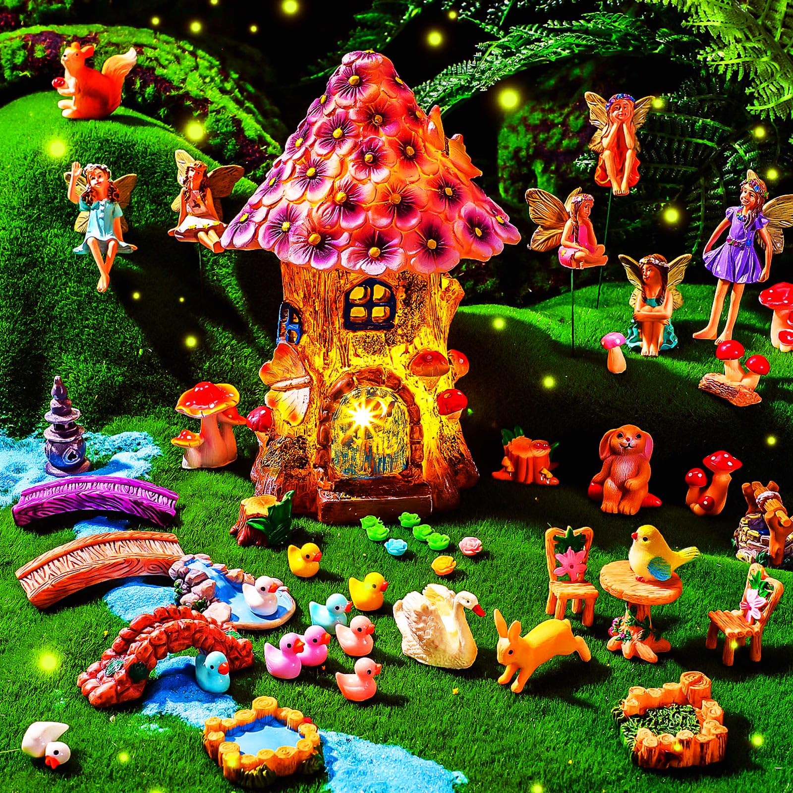 Poen 8'' Solar Fairy House Garden Accessories Miniatures Light up Fairy ...
