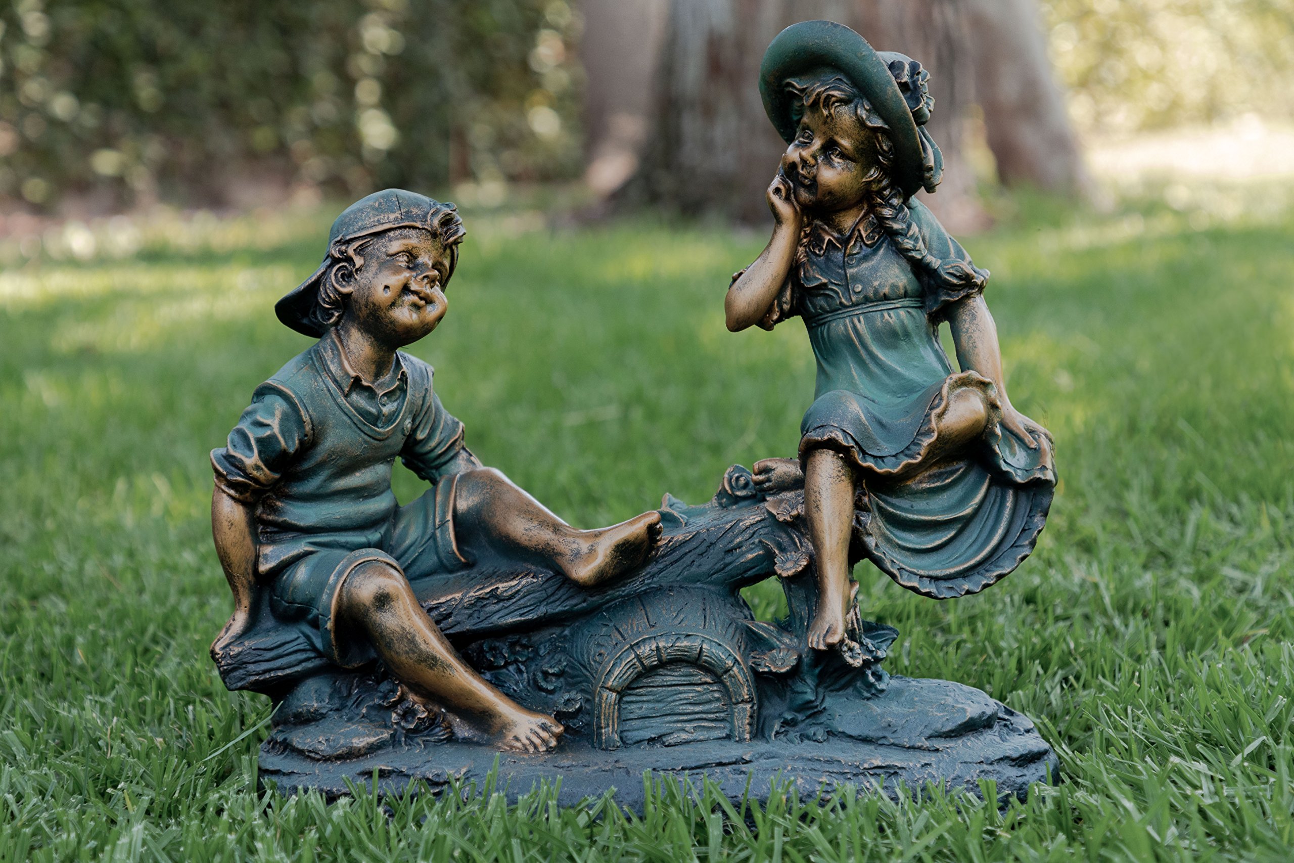 Alpine Girl and Boy Playing on Teeter Totter Statue, 14 Inch Tall