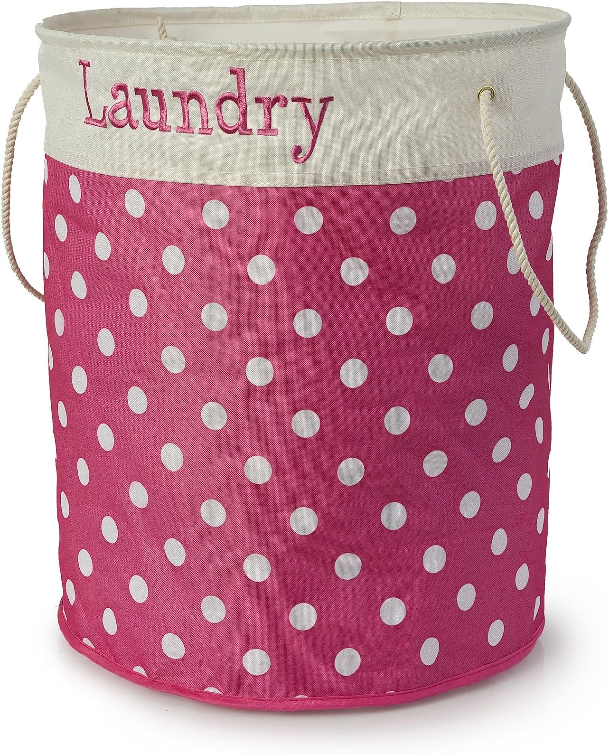 Stylish Pink / White Spots Round Printed Collapsible Laundry Storage ...