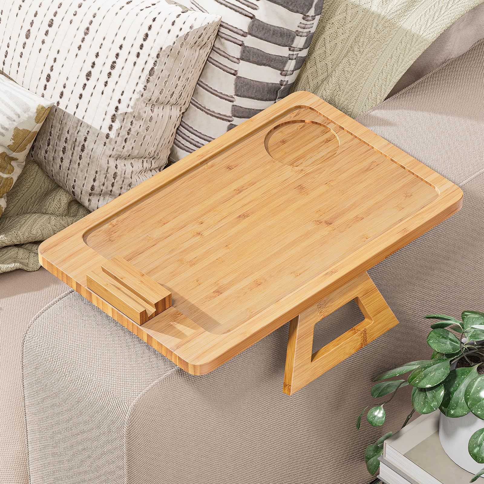 Bamboo Sofa Tray,Couch Arm Table, Clip-On Armrest Tray Table for Wide ...