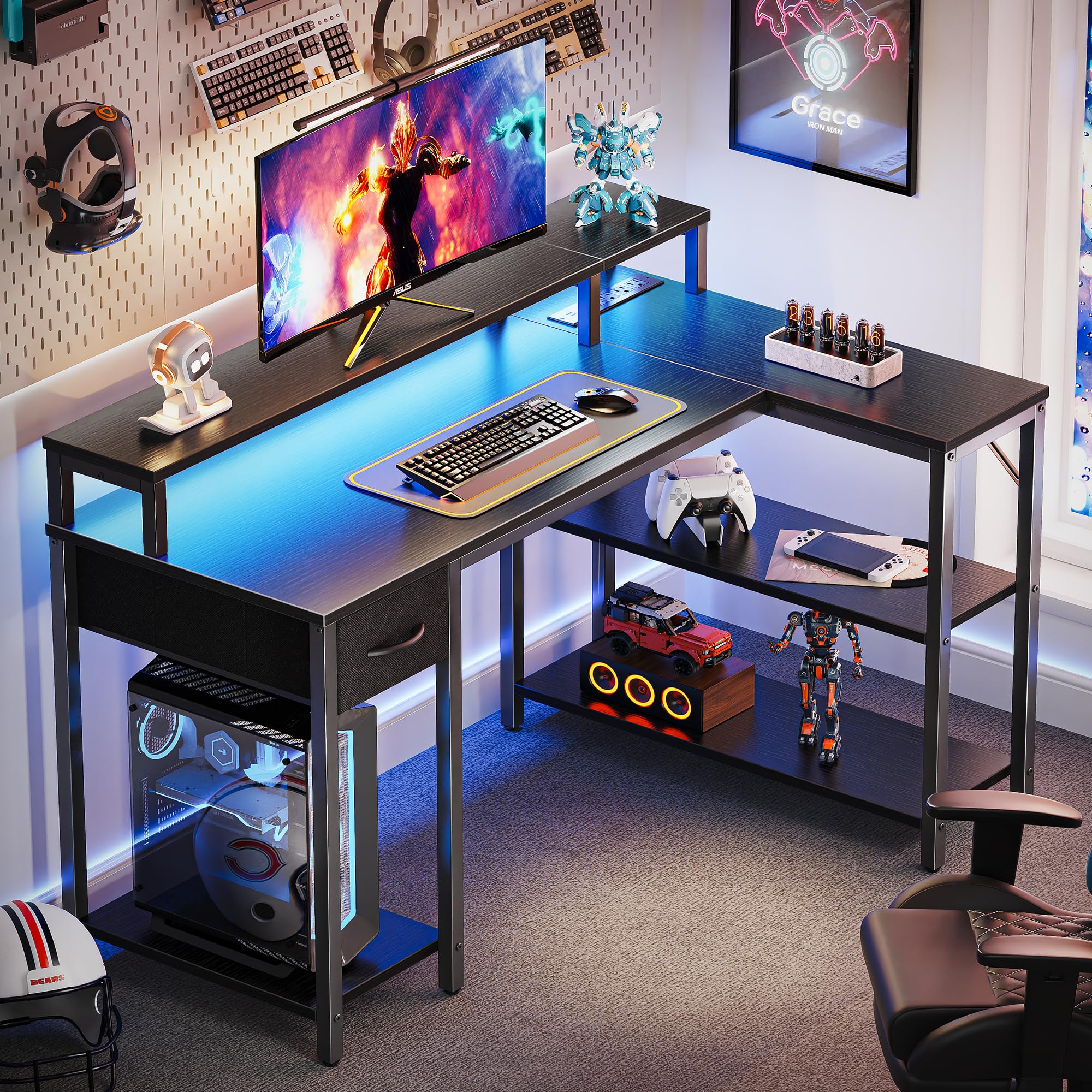 Mua 47 inch Reversible L Shaped Desk with LED Lights & Power Outlets ...