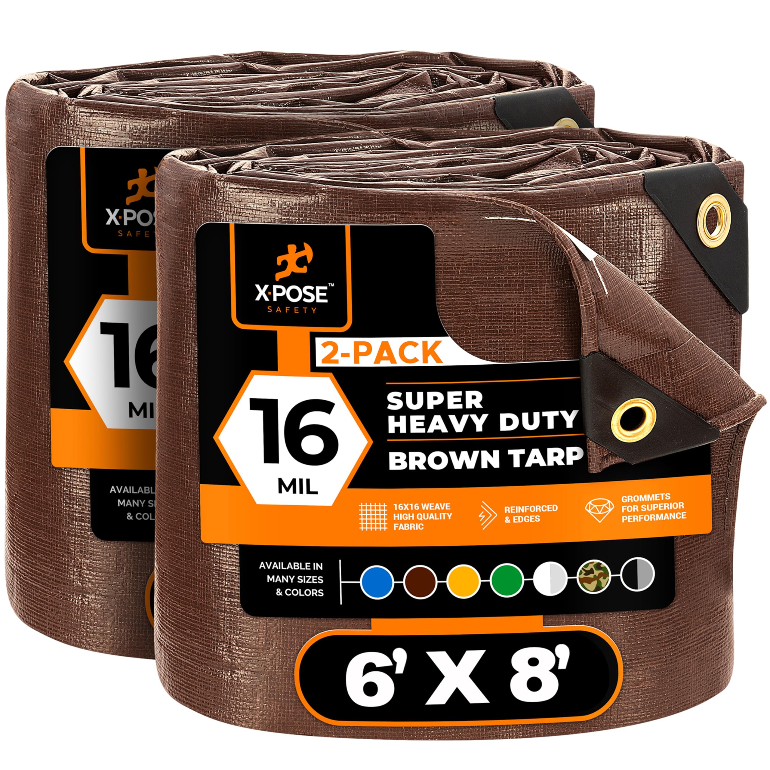 Xpose Safety Super Heavy-Duty 6' x 8' Brown Poly Tarp (2-Pack) - 16 Mil ...