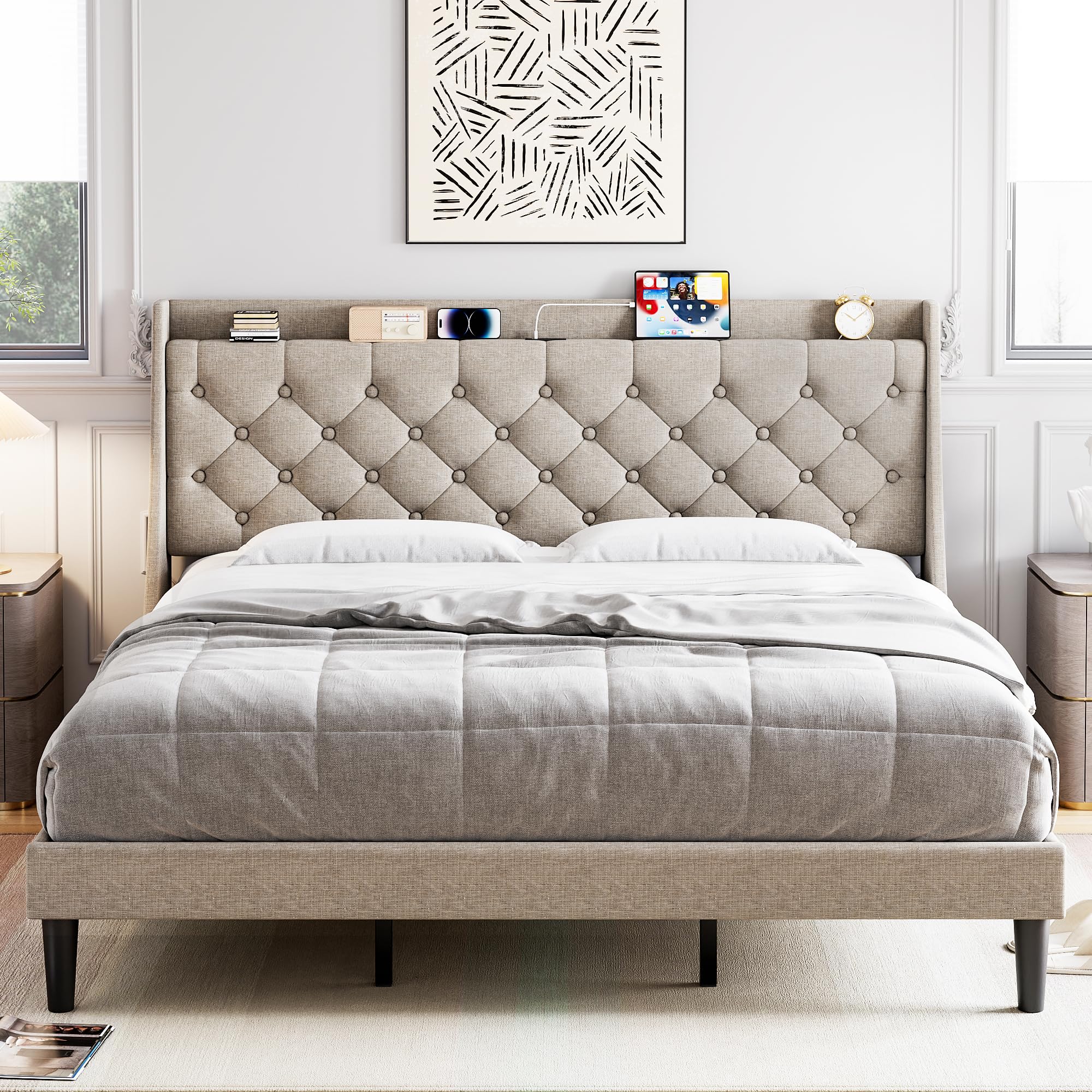 GAOMON Full Size Bed Frame with Upholstered Wingback Headboard ...