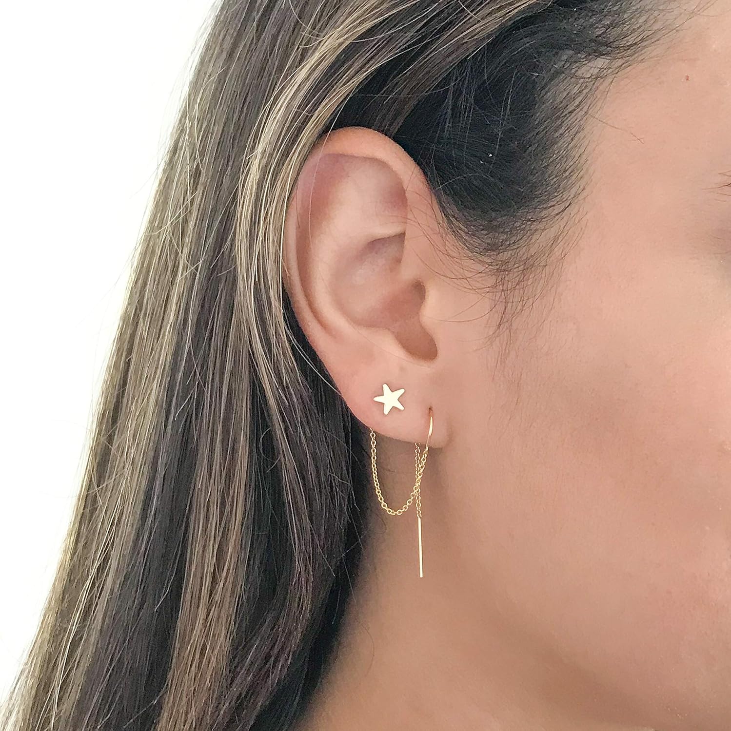 Amazon.com: 14k Gold Filled Double Piercing Earrings Star and Moon Chain Earrings For Women ...