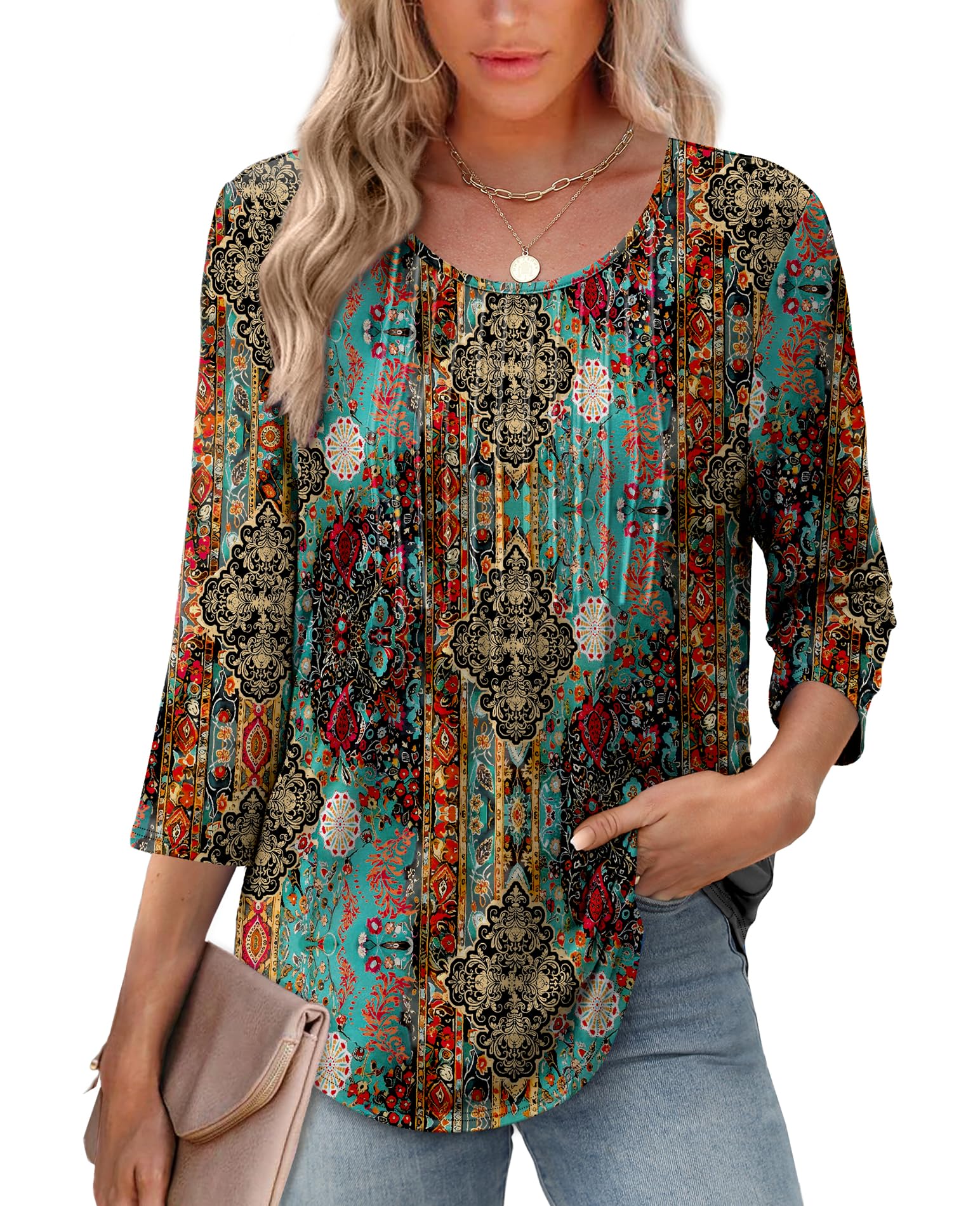 XIEERDUO 3/4 Length Sleeve Womens Tops 2025 Summer Outfits Pleated Tunic Tops for Women Clothing ...