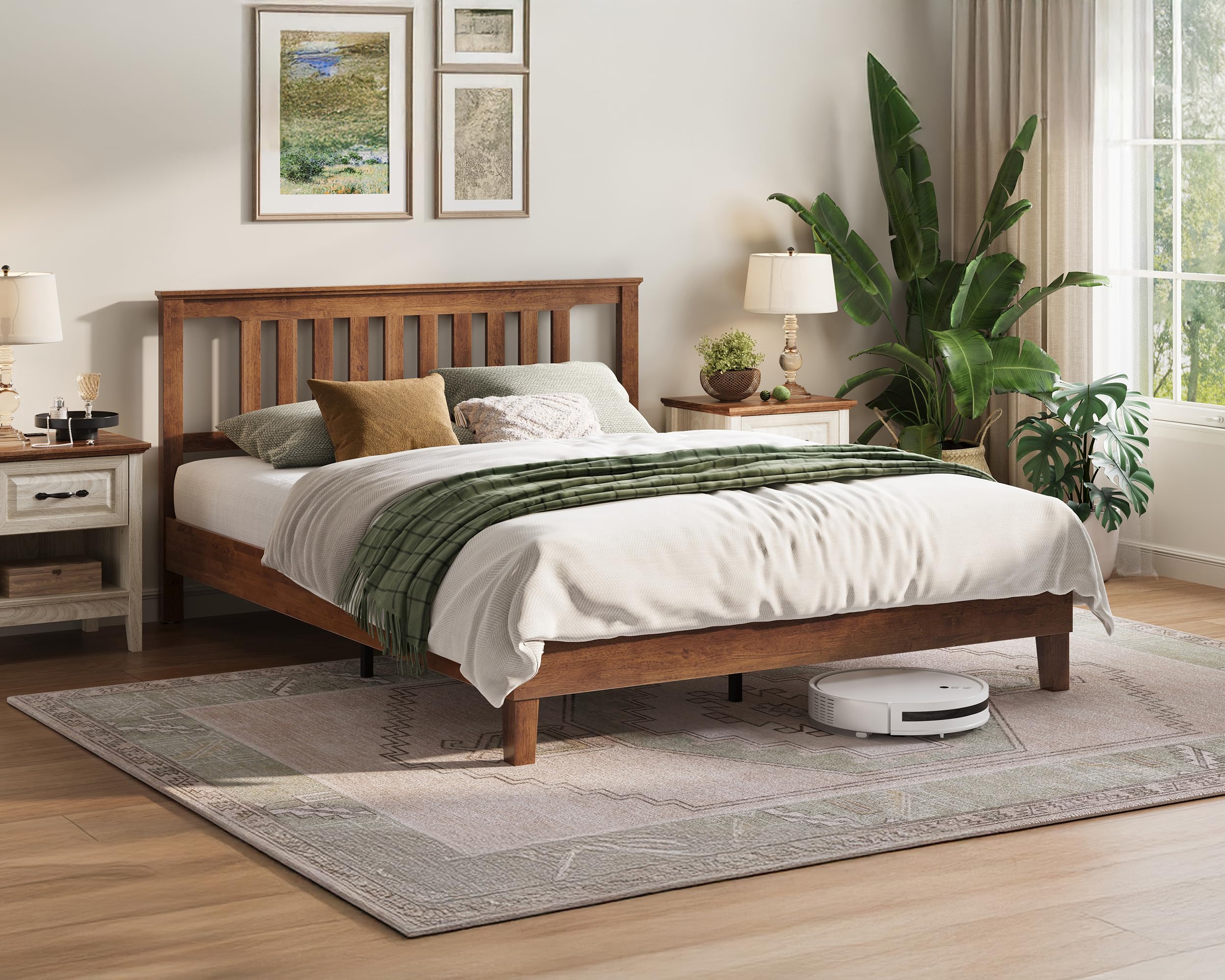 LINSY Queen Bed Frame, Wood Platform Bed Frame with Headboard, Solid ...