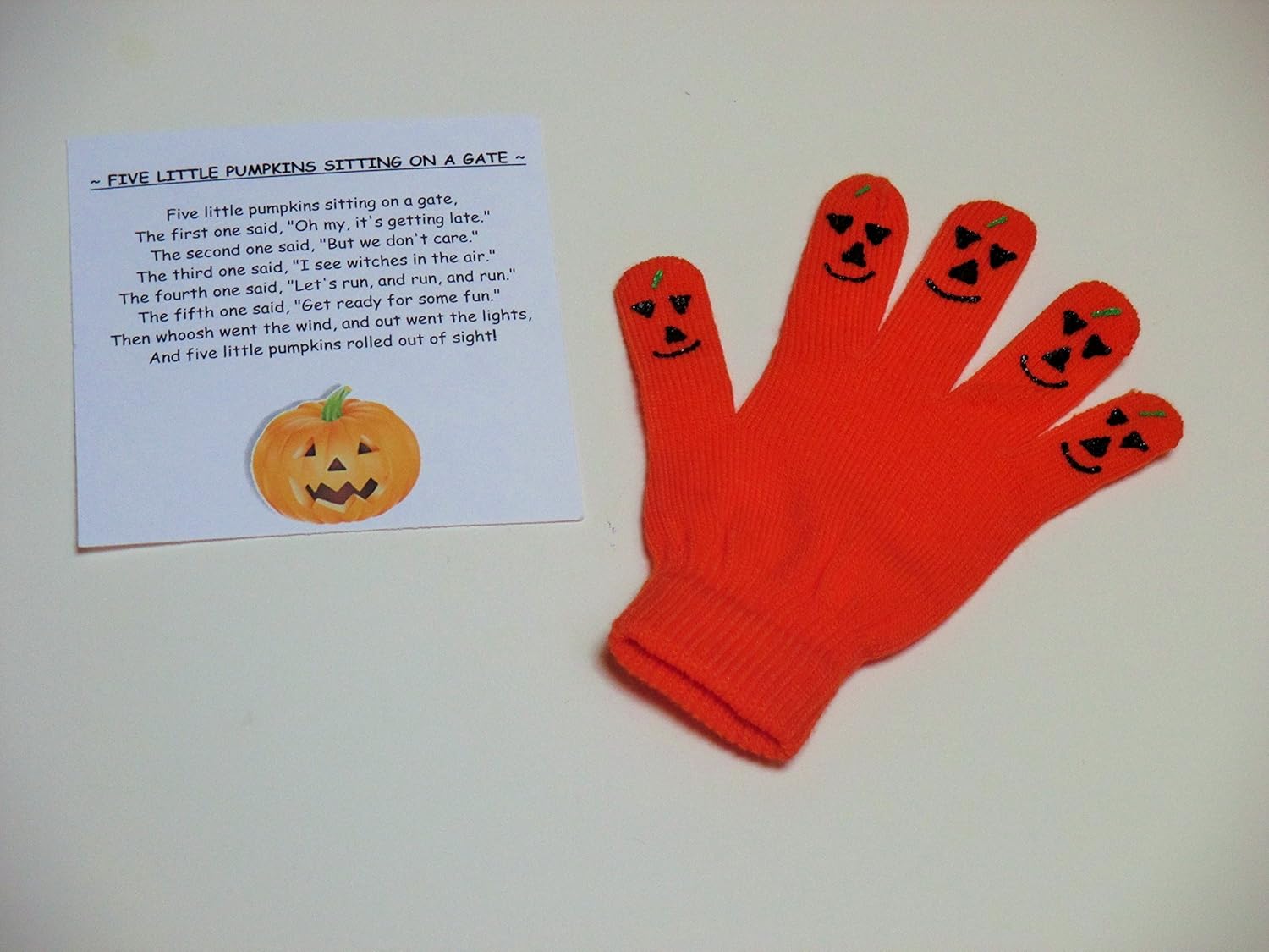 Pumpkin hand puppet, finger play activity, story telling, counting activity