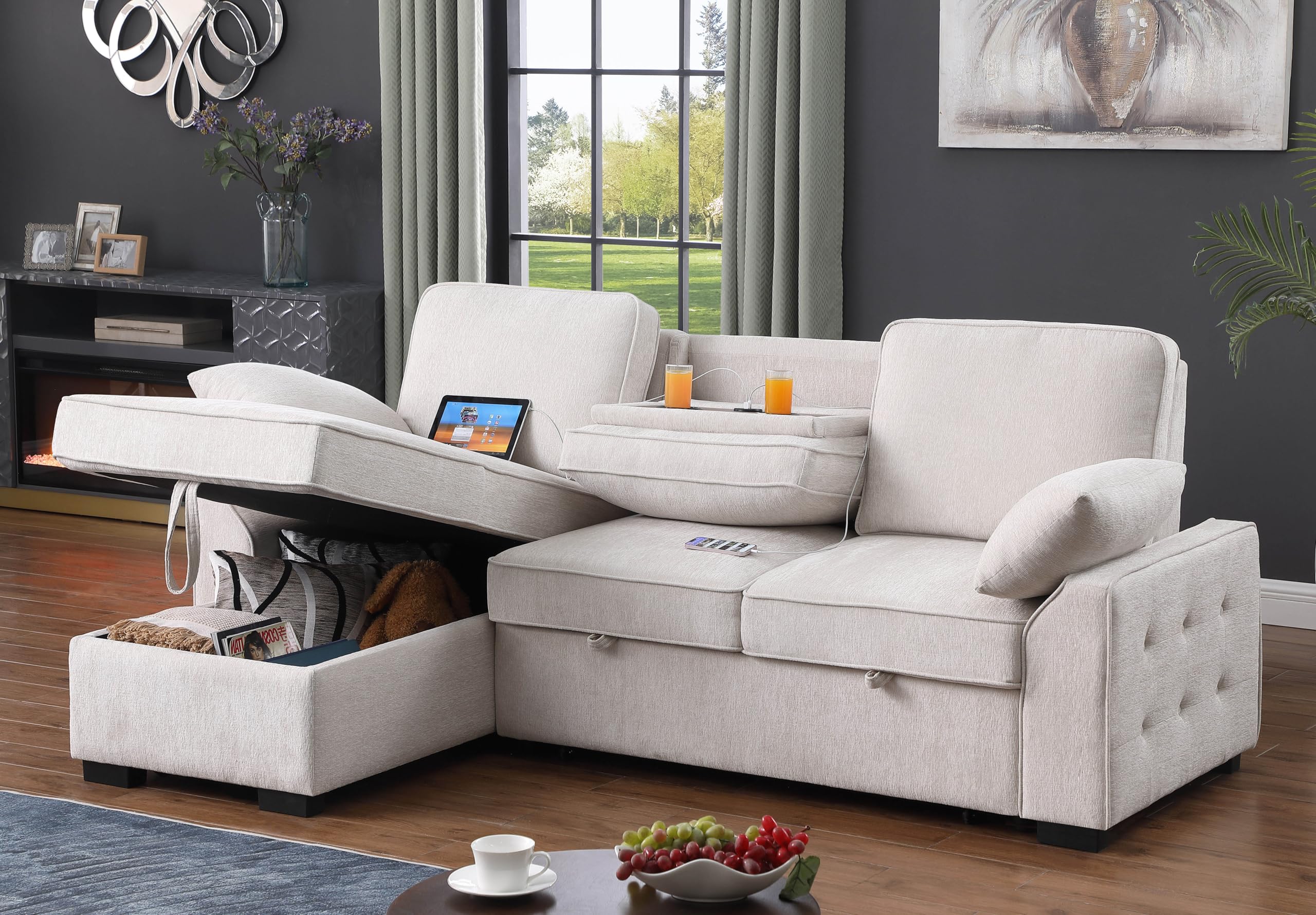 Box 2 of 3 FANYE Reversible Sleeper Sectional Sofa,L-Shape Pull Out ...