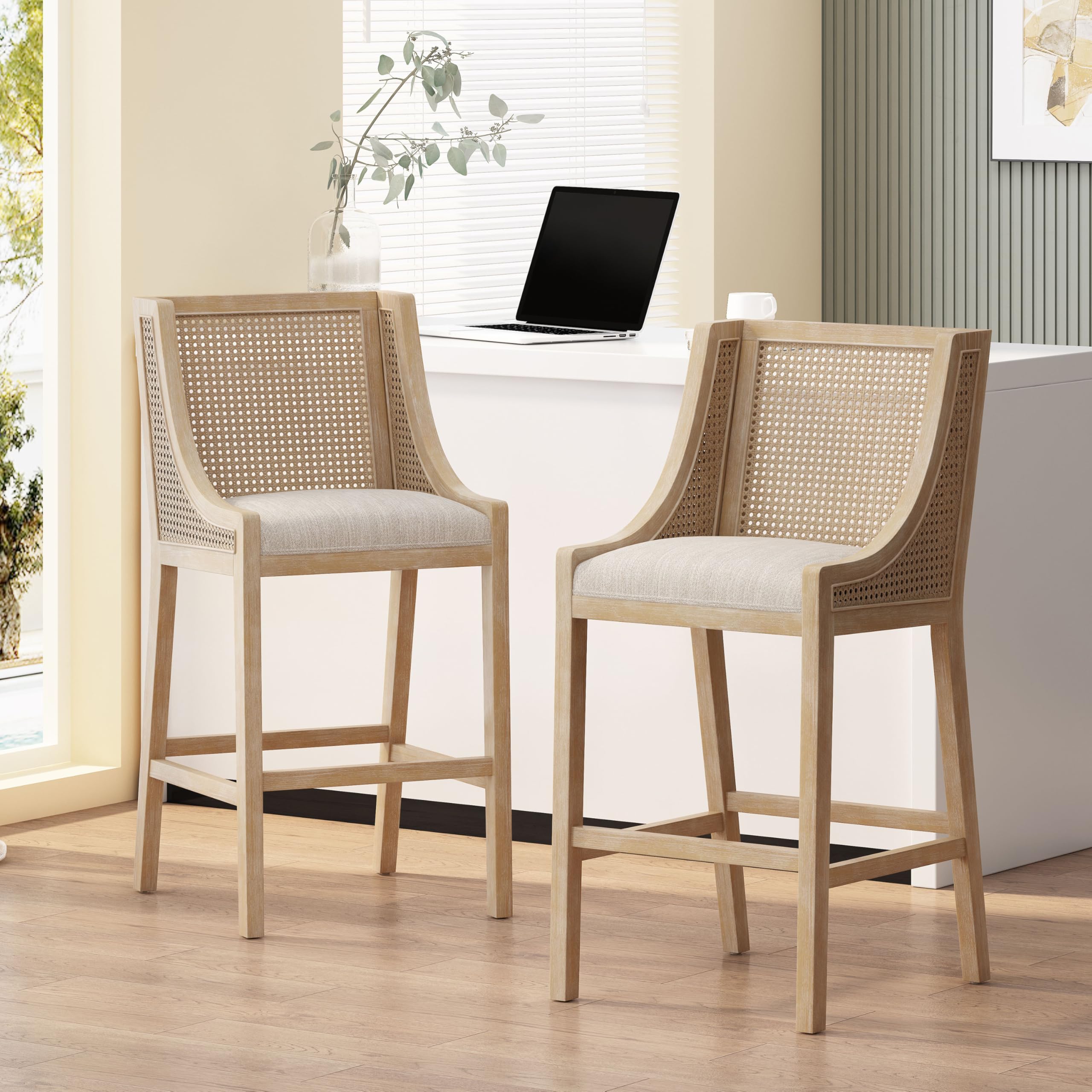 Merax 30" Fabric Upholstered Wood and Cane Barstools with Backrest,Set ...