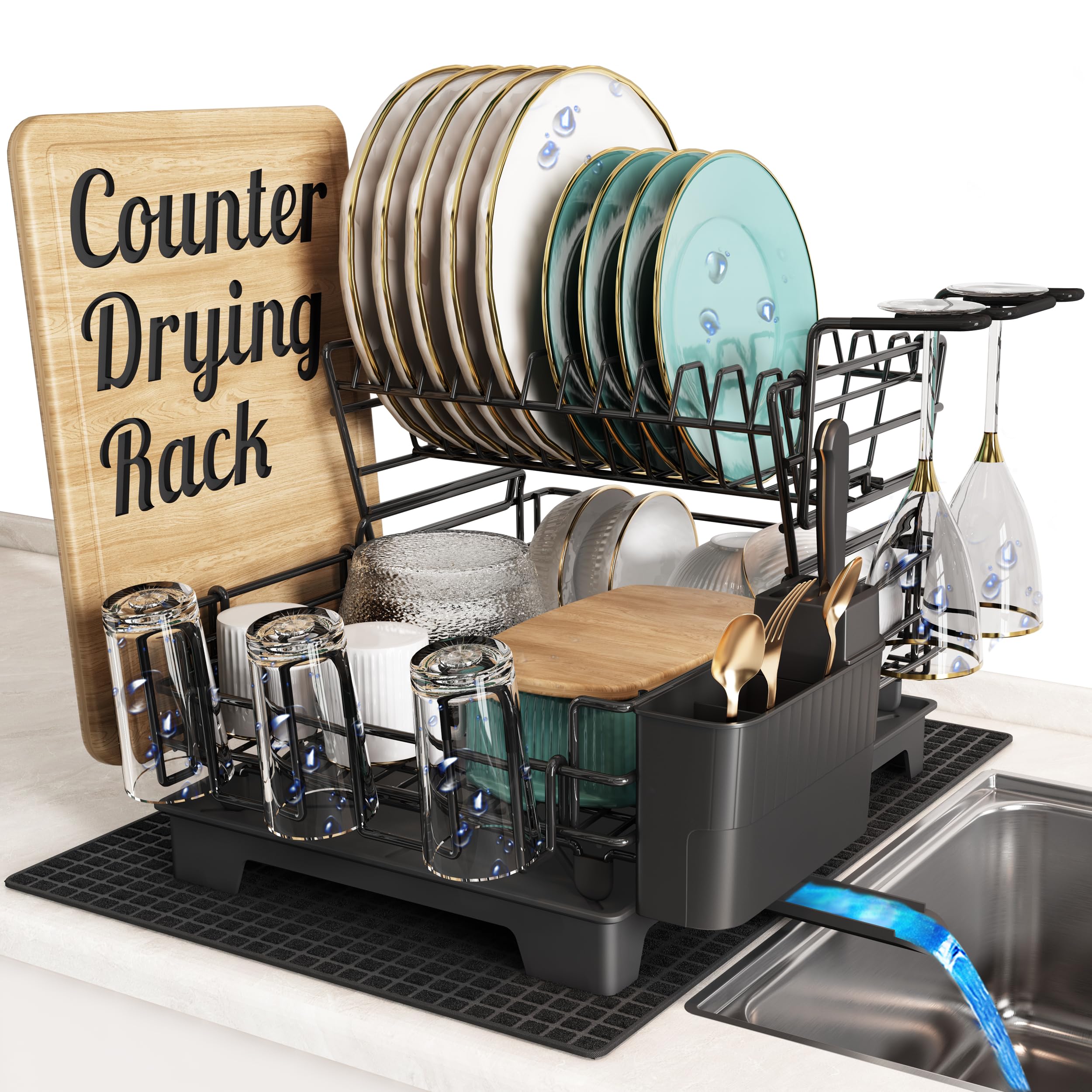 MAJALiS 2 Tier Black Large Stainless Steel Dish Drainers Drying Rack for Kitchen Counter with ...