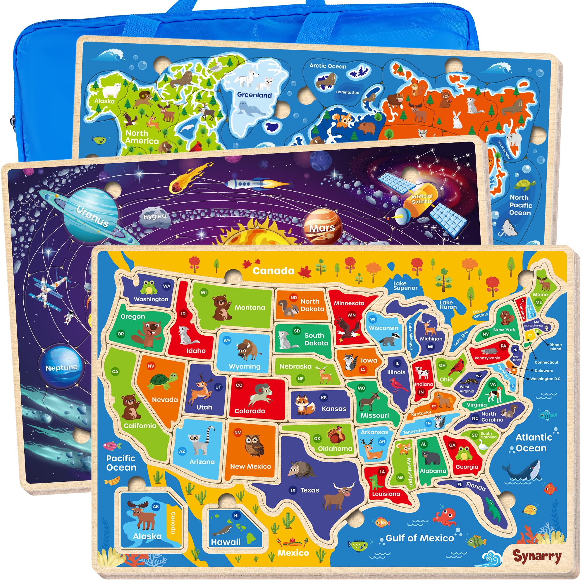 SYNARRY Large USA World Solar System Wooden Puzzles for Kids Ages 4-6 ...