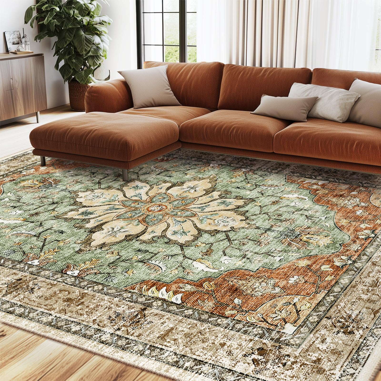 RELEANY Area Rugs 9'x12' Washable Non-Slip, Floral Vintage Distress ...