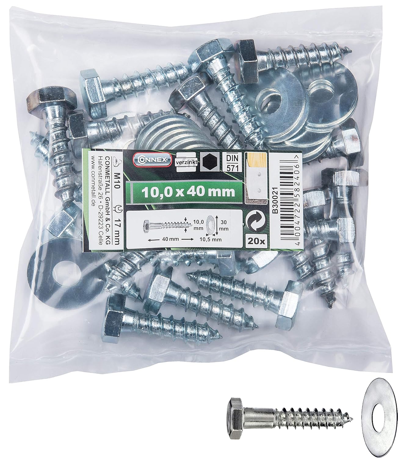 Connex Sechskant-Holzschrauben 10,0 x 40 mm - 20 Stück - Außensechskant-Antrieb - Verzinkt - Für ...