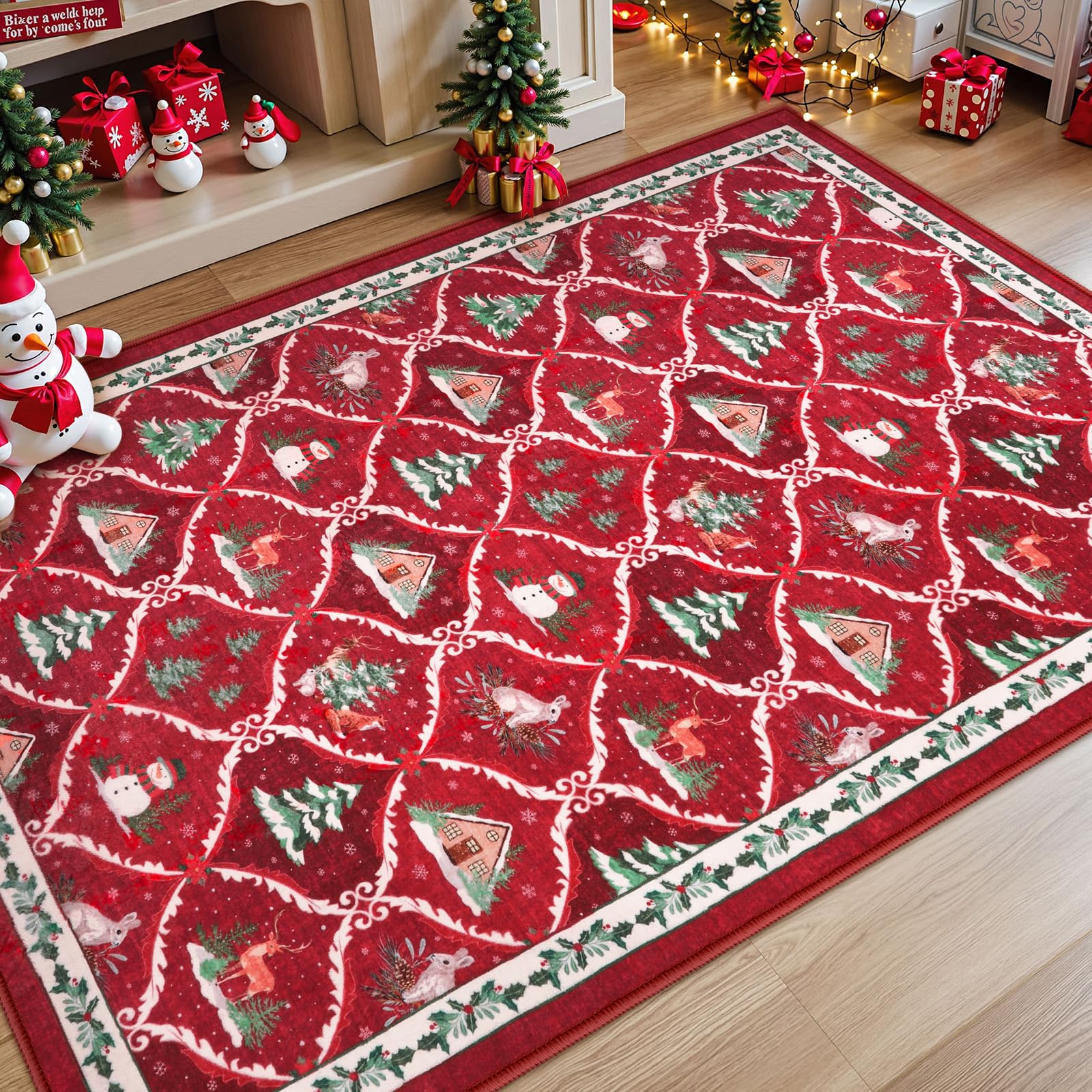 Sivilife 3x5 Christmas Rugs for Bedroom, Red Washable Rugs for Living ...
