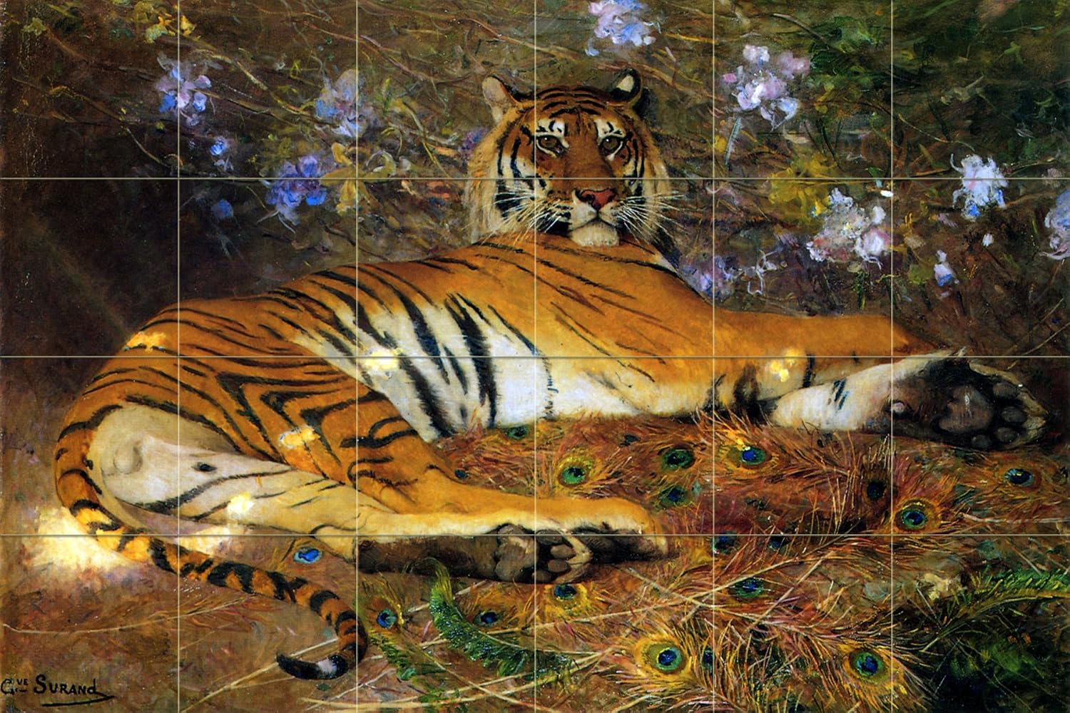 tiger peacock feathers flower G. Surand Tile Mural Backsplash Art ...