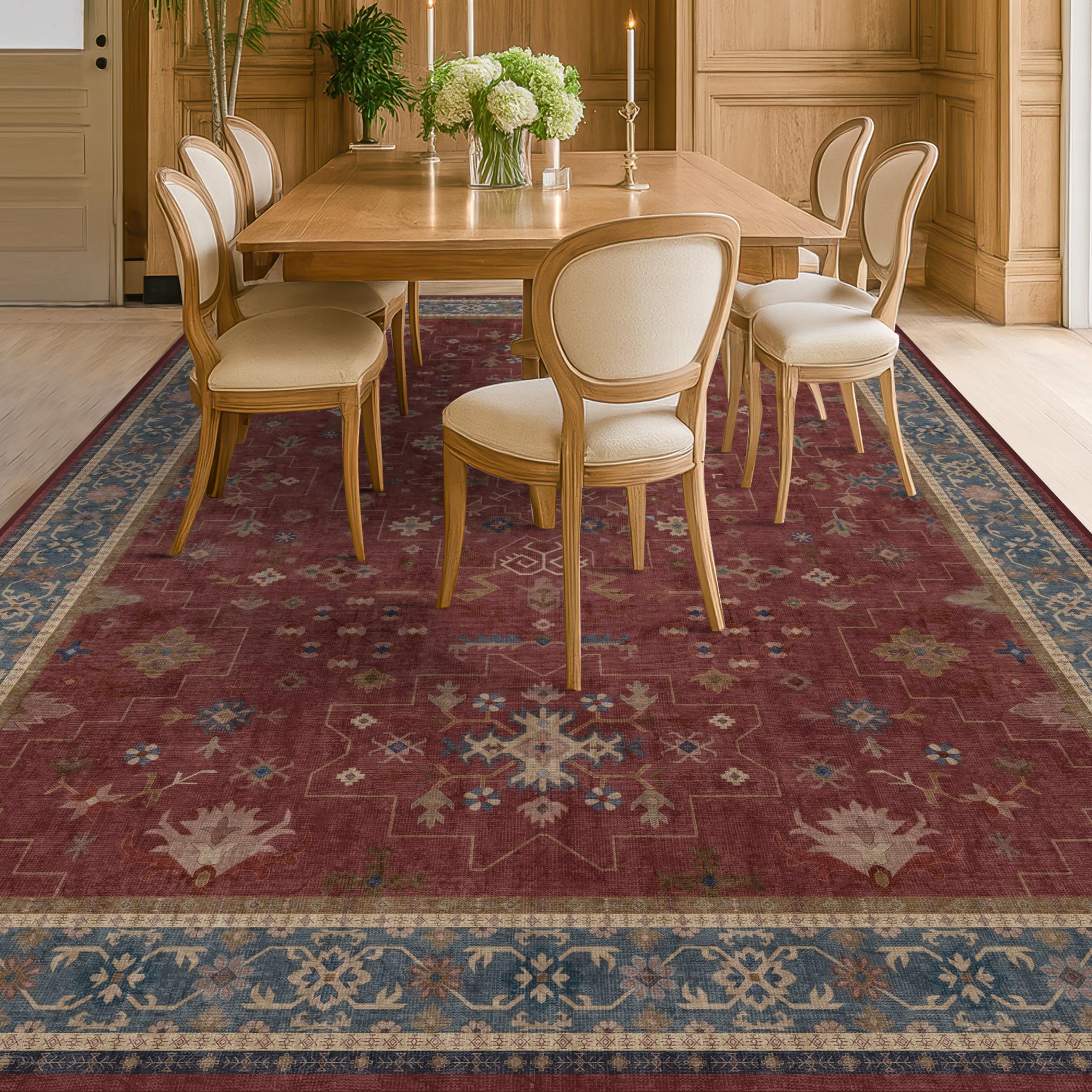 7x9 Dining Room Rugs for Under Table - Vintage Burgundy Boho Living ...