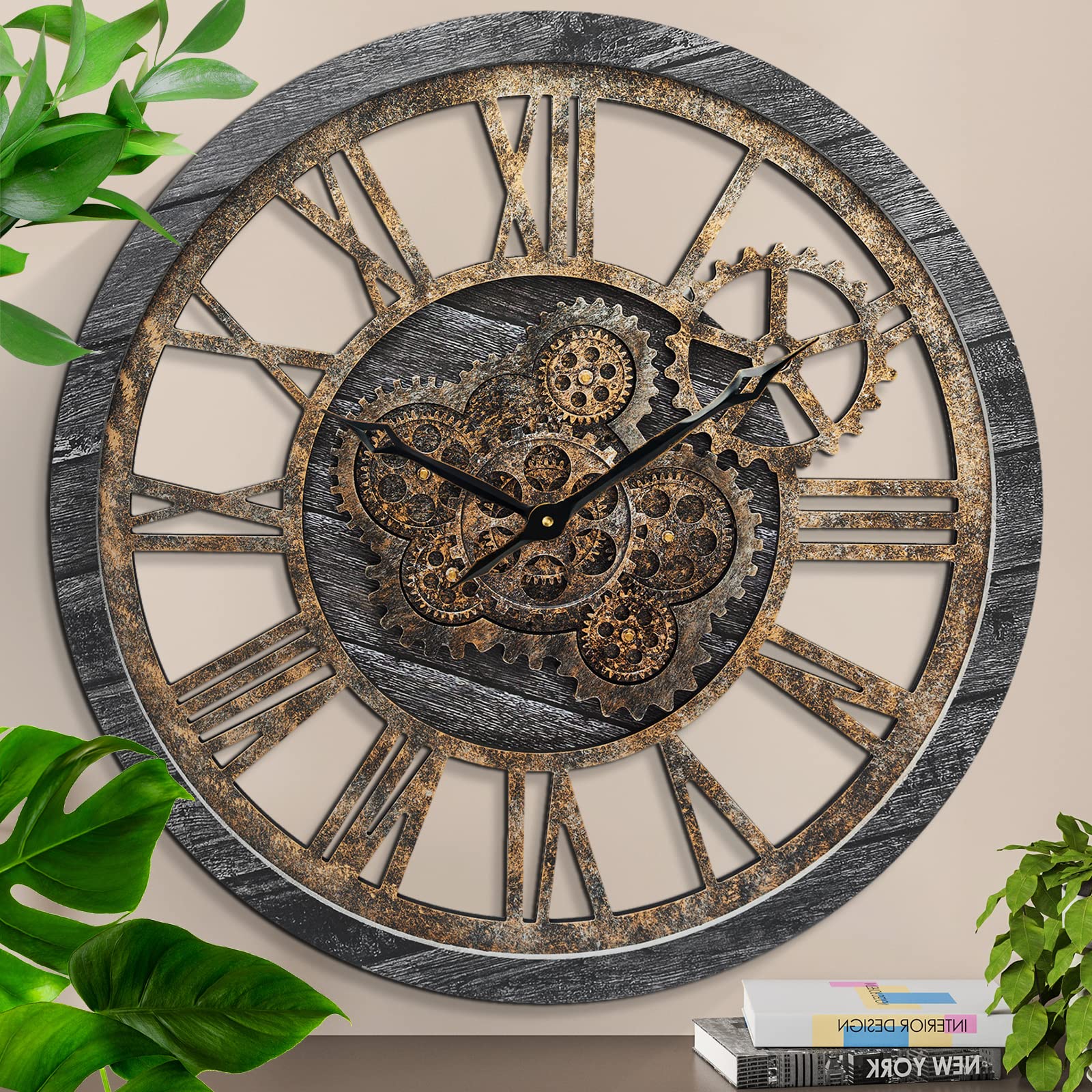 HOIBAI Wall Clock, 24 Inch Moving Gears Clock Large Wall Clock for ...