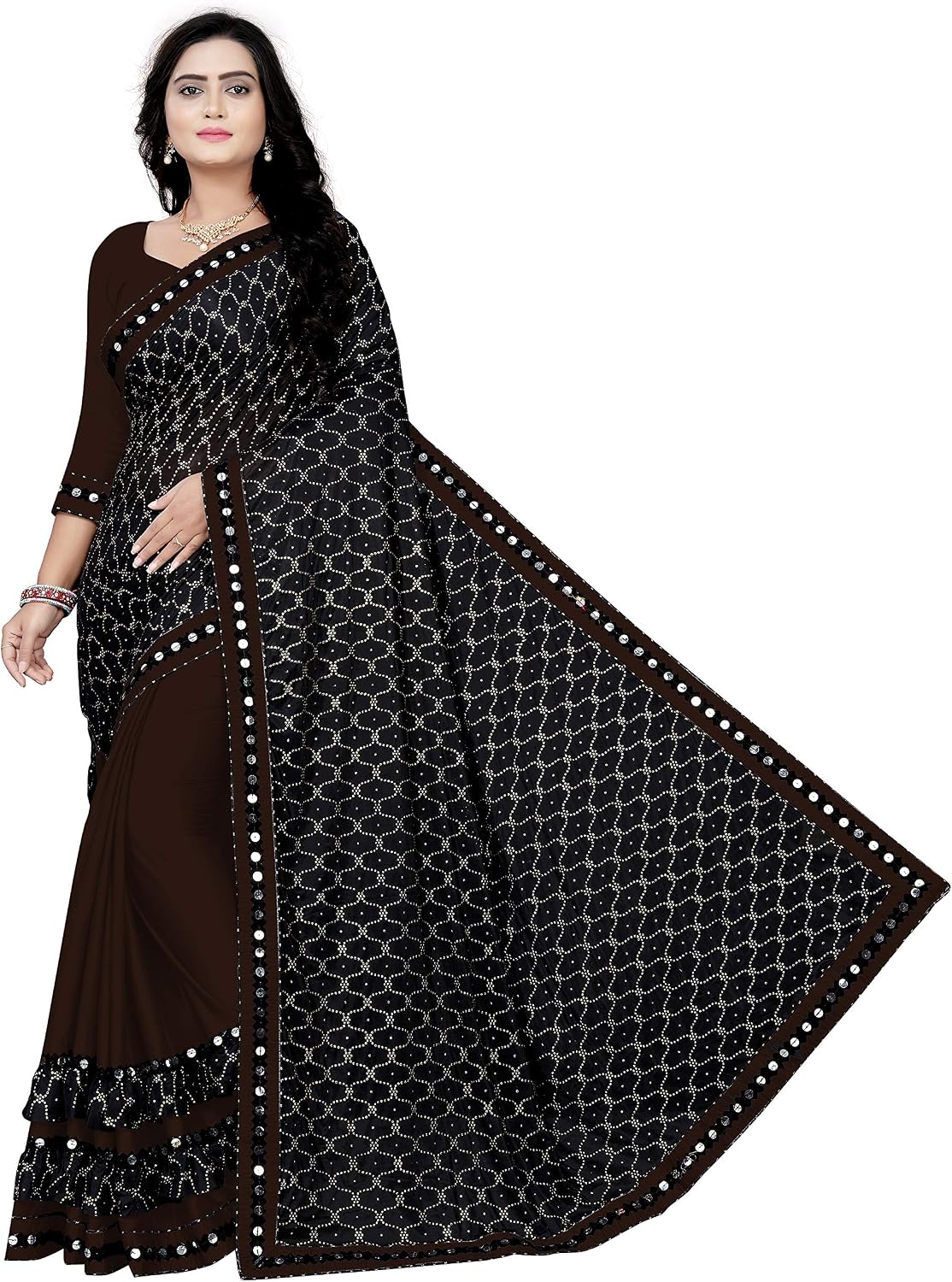 Buy Winwell Woman`s Bollywood Ruffle Mukesh Work Lycra blend saree ...