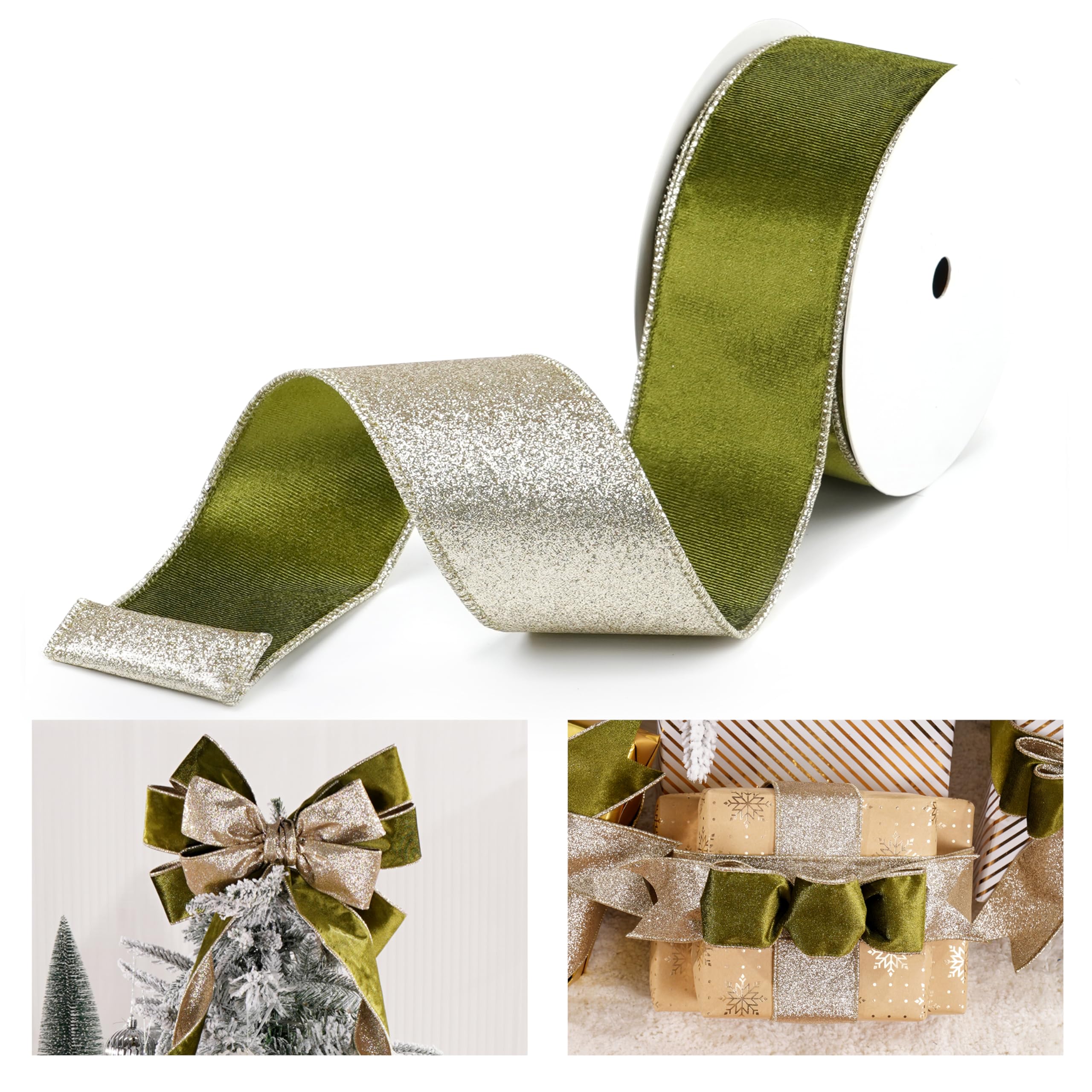 LIZLOVESS Moss Velvet Wired Ribbon with Glitter Back 2.5 Inch Green and ...