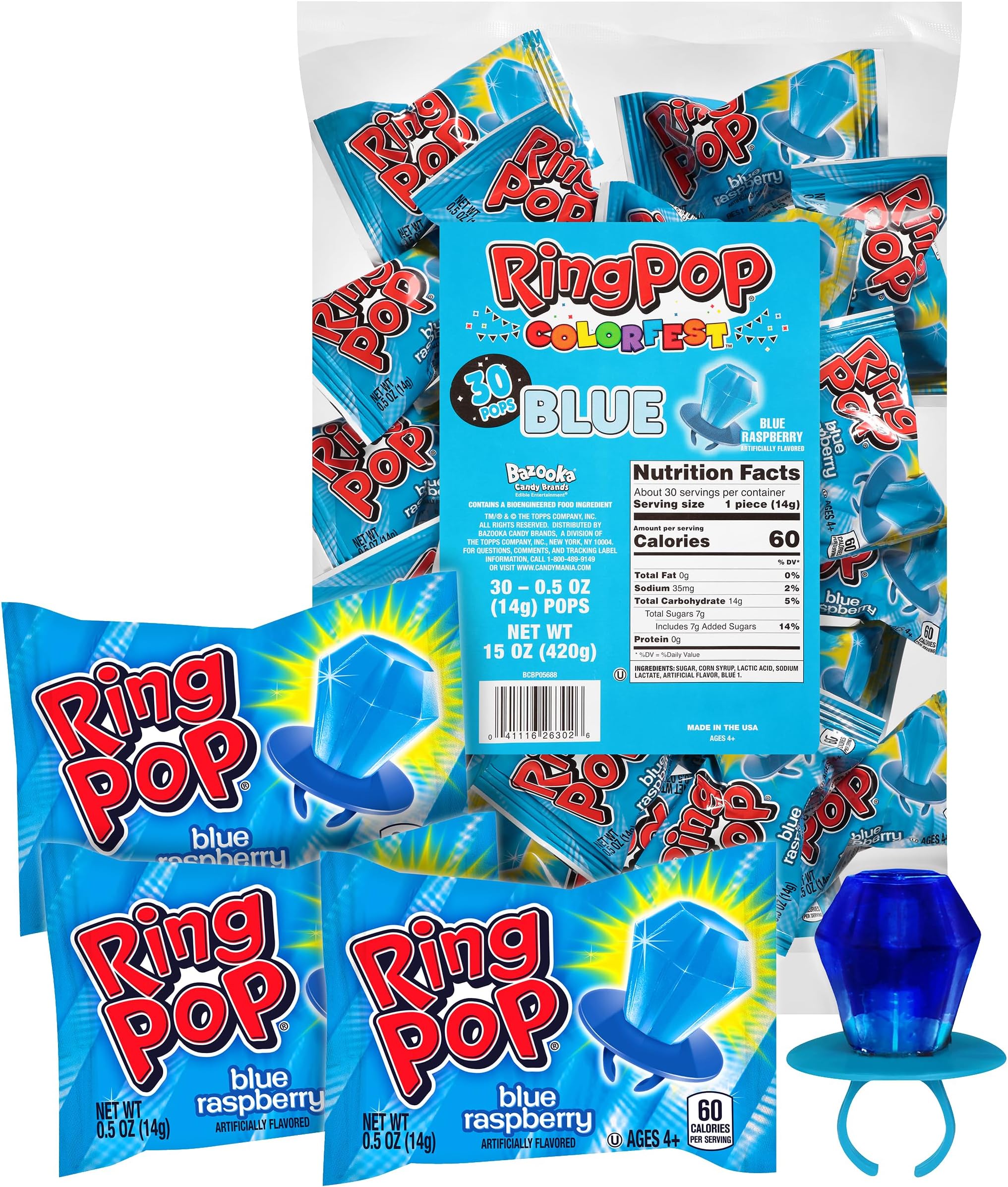 Ring Pop Colorfest Blue Raspberry holiday Candy - 30 Count Bulk ...