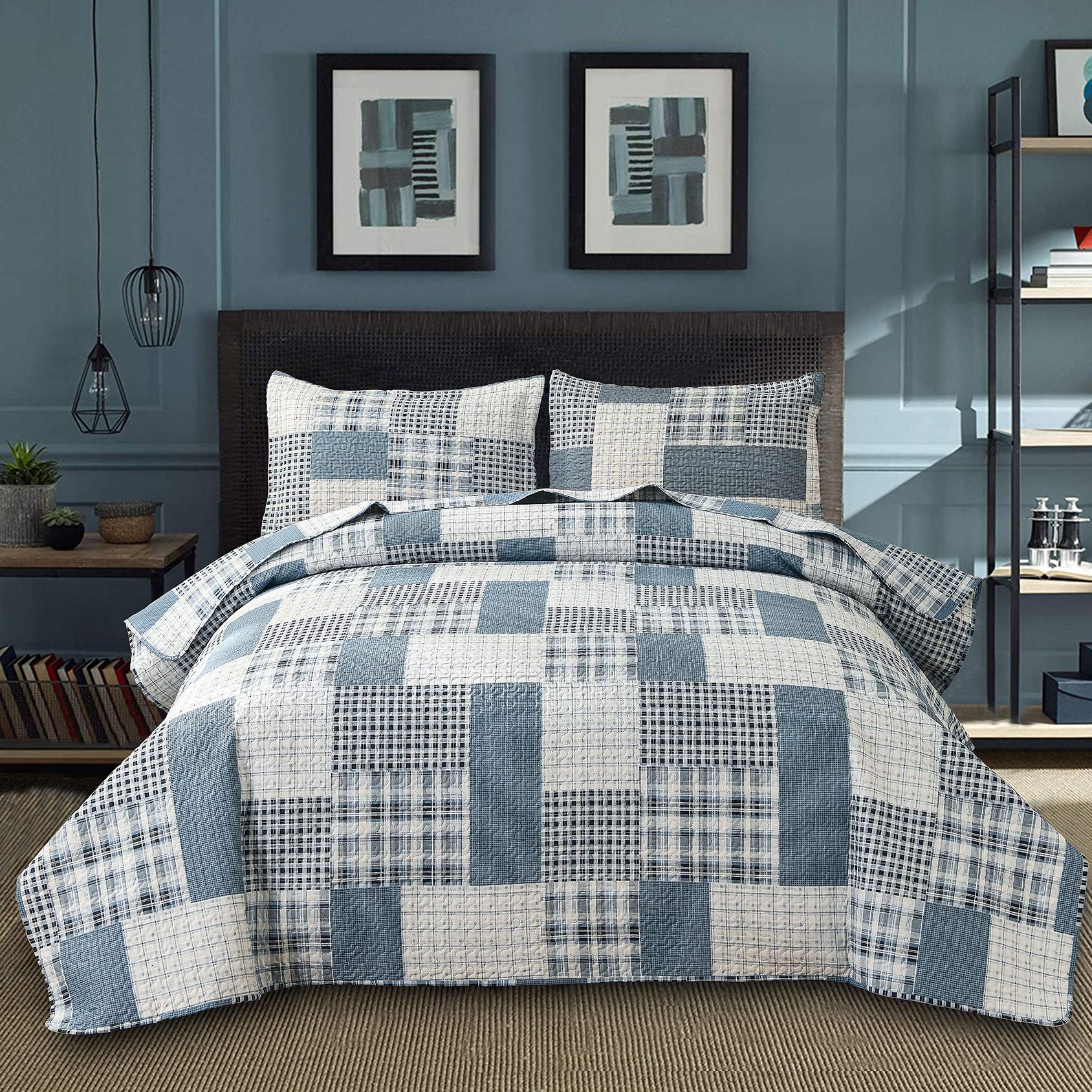 Green Essen Blue White Plaid Quilts Queen/Full Size Lightweight ...