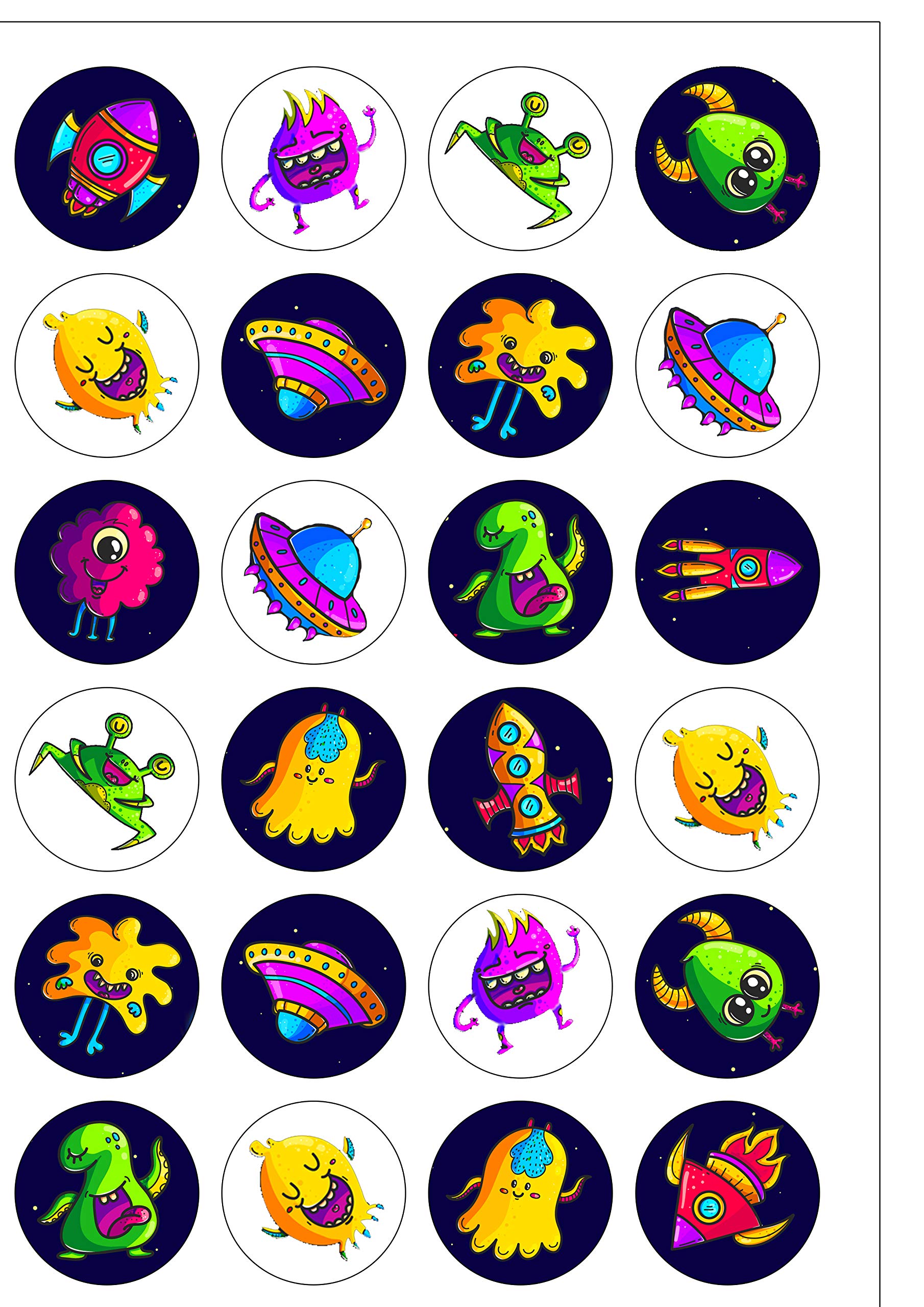 Buy 24 PRE Cut Cute Aliens & Spaceships Edible Wafer Paper Round Cake ...