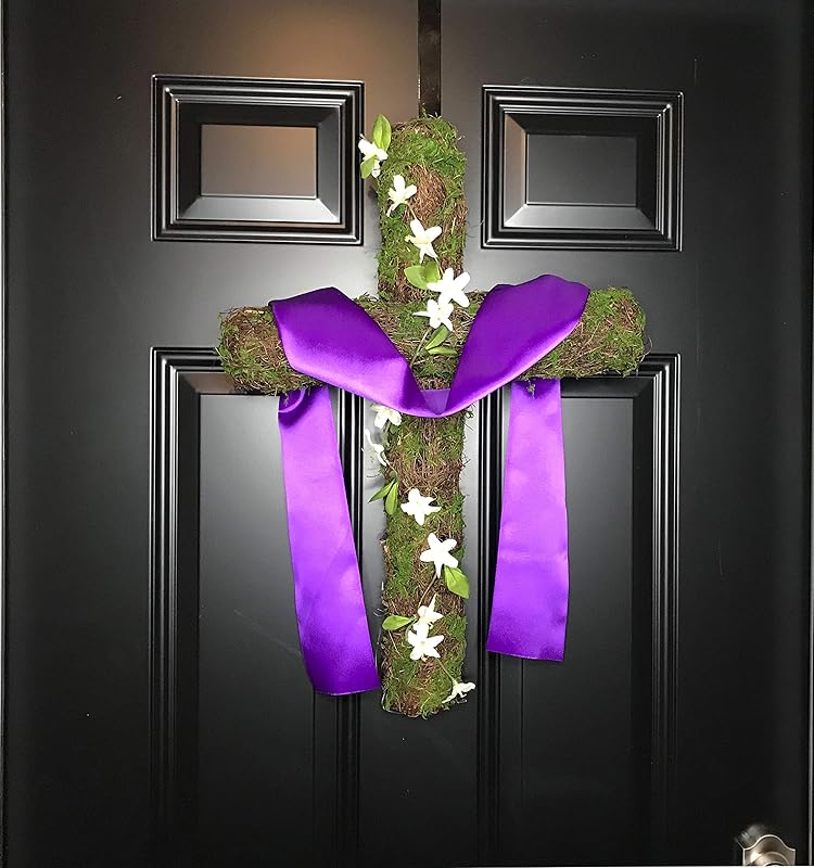 Amazon.com: Easter Lenten Cross Wreath w/White Flowers & Optional ...