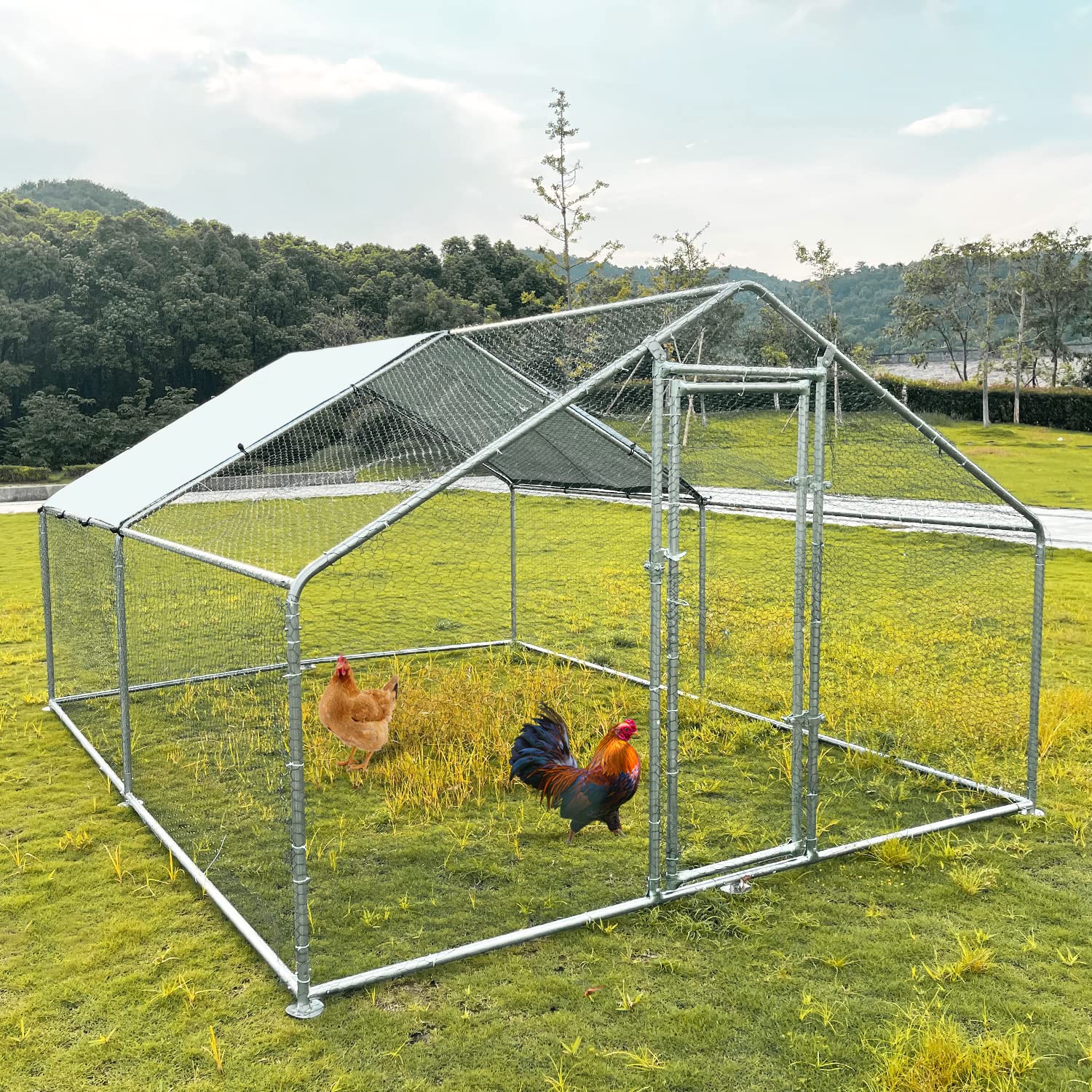 NGTEEN Large Metal Chicken Coop Walk-in Poultry Cage Chicken Run Pen ...