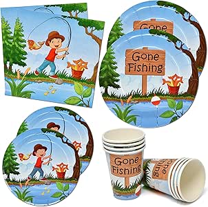Amazon.com: Little Fisherman Gone Fishing Party Supplies Tableware Set ...