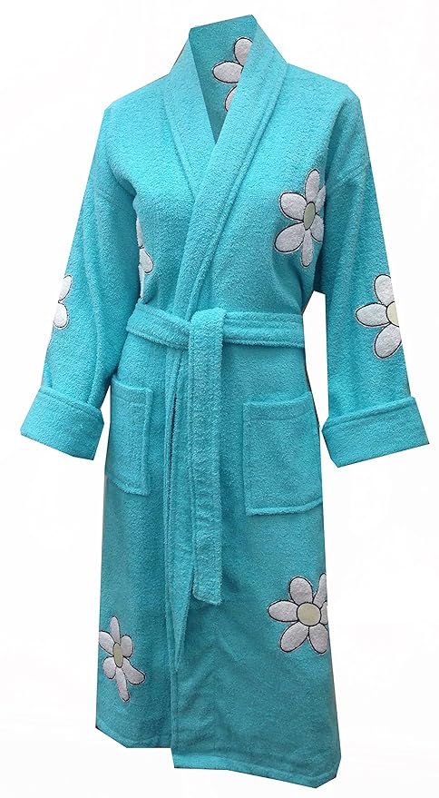 Daisy Appliqued Cotton Terry Cloth Bathrobe, Long, Turquoise, One Size ...