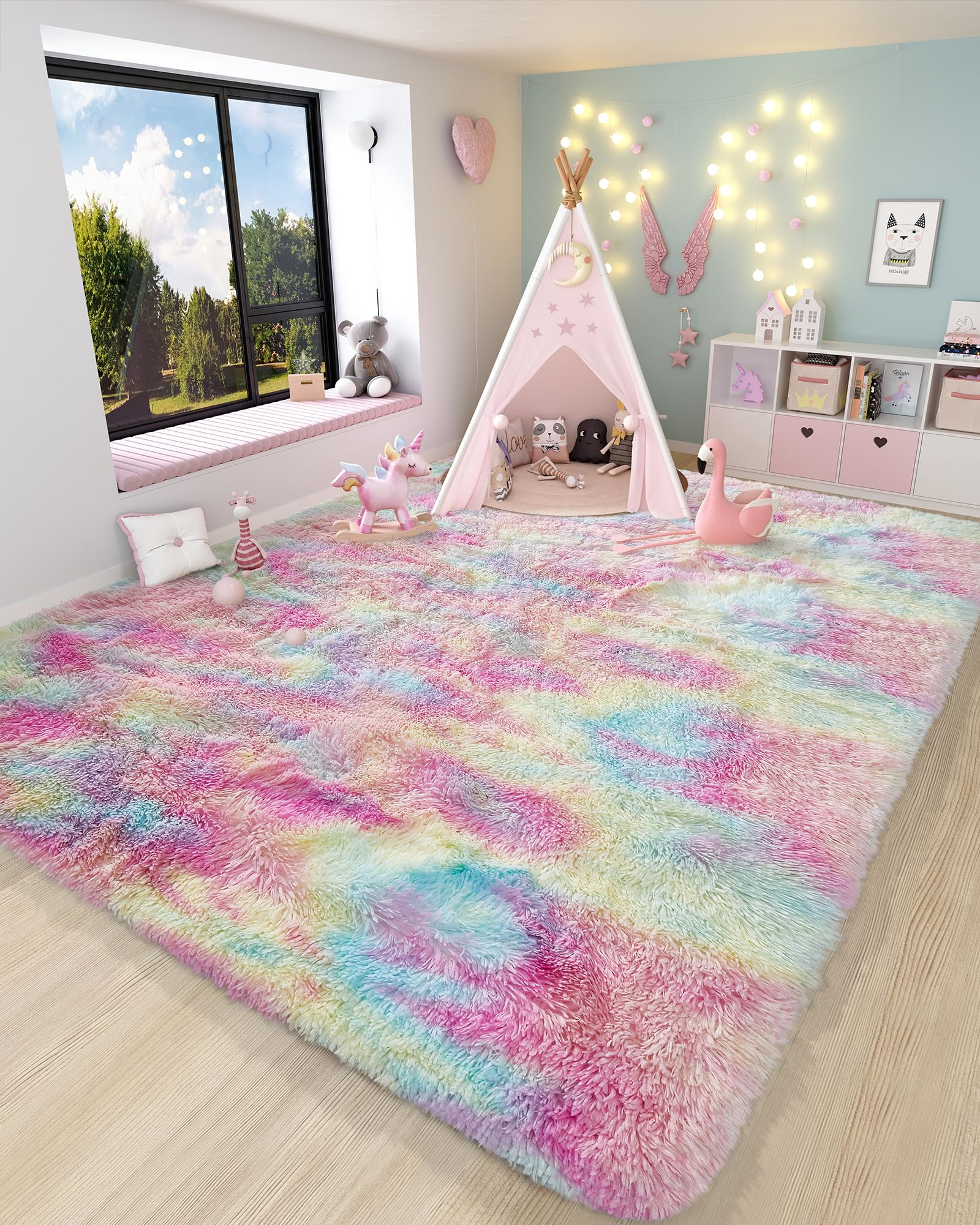 Ophanie Rainbow Colorful Rugs for Living Room 5x8, Unicorn Fluffy Shag ...
