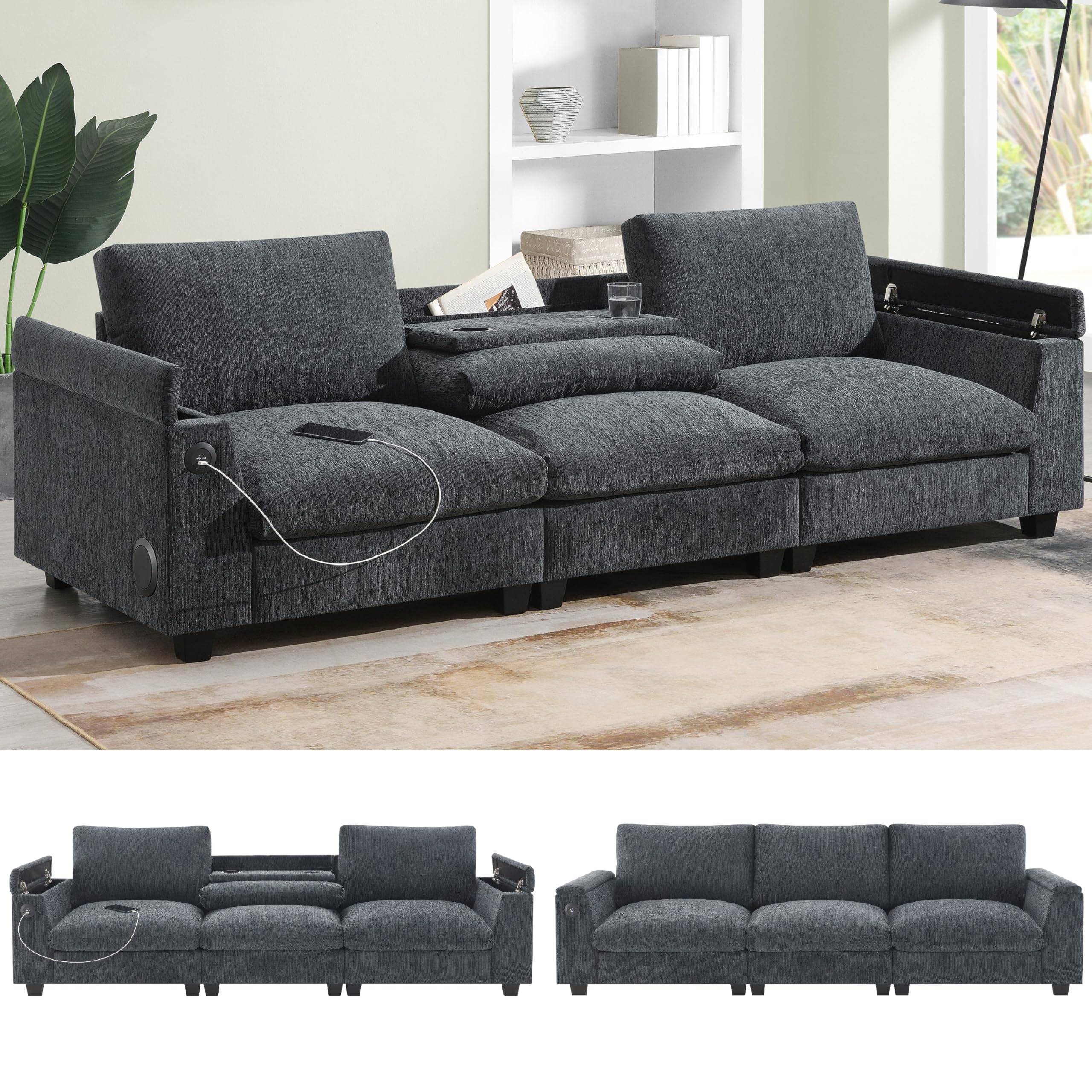Merax 96" Chenille Sofa Recliner with Cup Holders, USB Charger ...