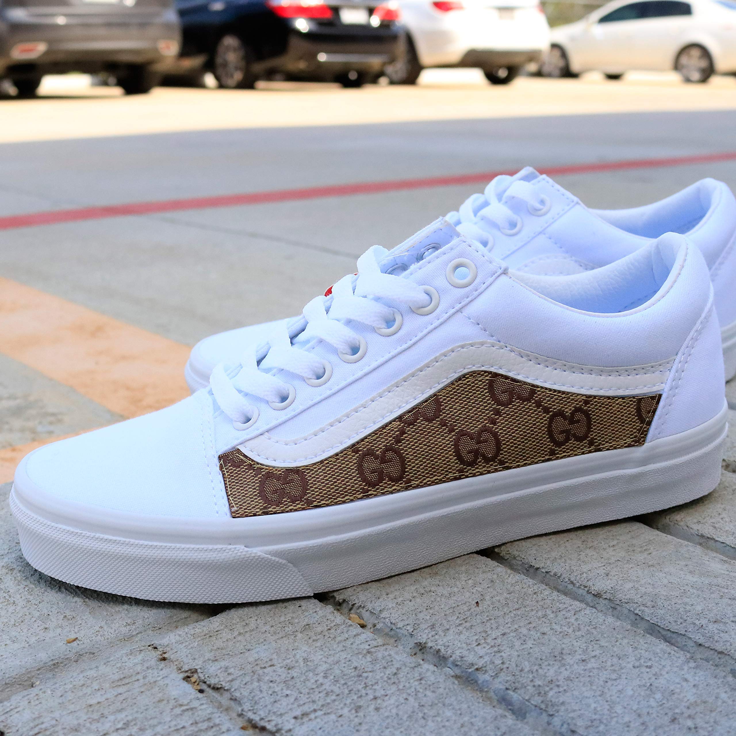 Vans White Old Skool x Gucci Custom Handmade Uni-Sex Shoes By Patch ...