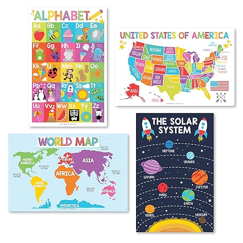 4 Alphabet, Map of United States, World Map, & Solar System Posters ...
