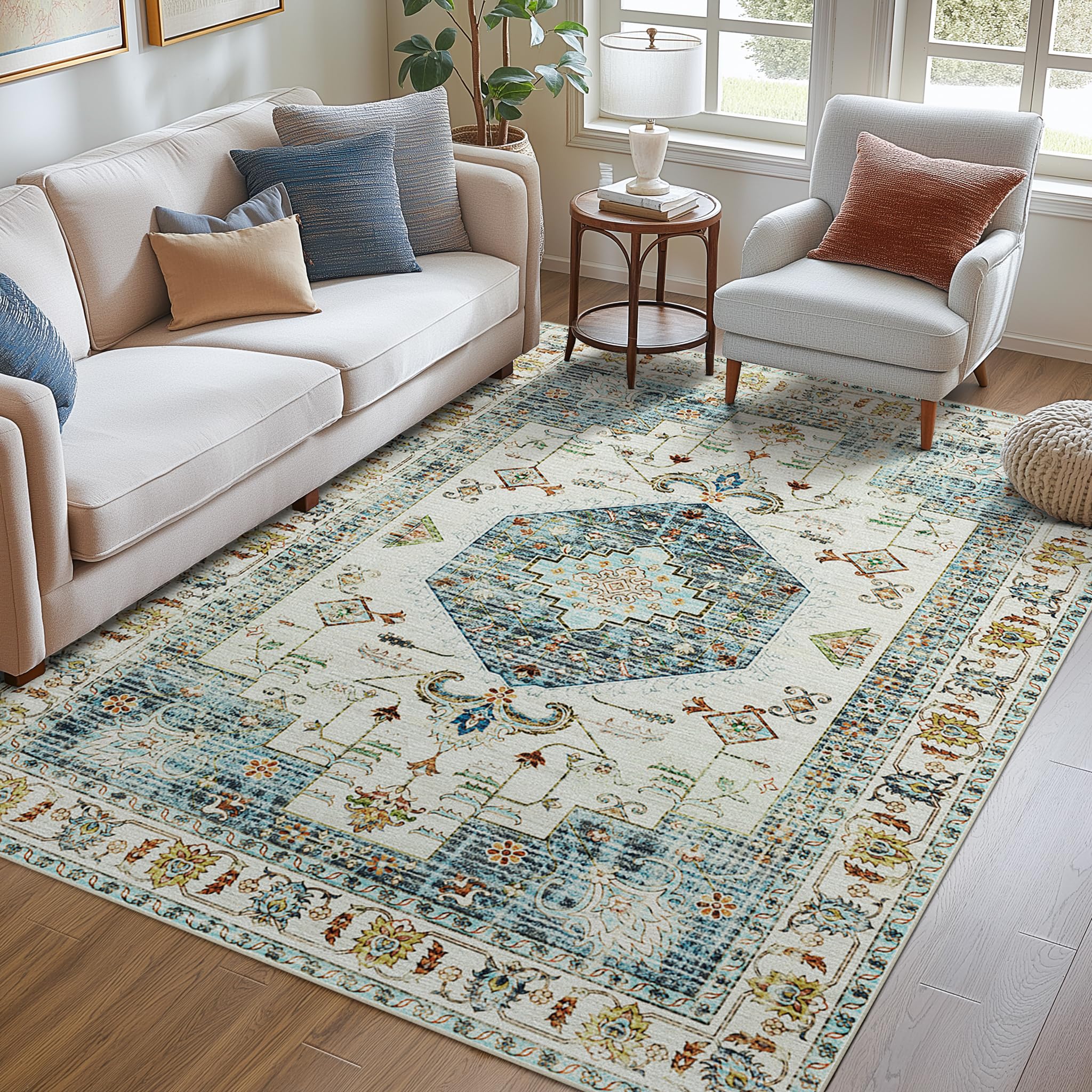 6x9 Boho Low Pile Area Rug & Carpet for Living Room, Bedroom, and ...