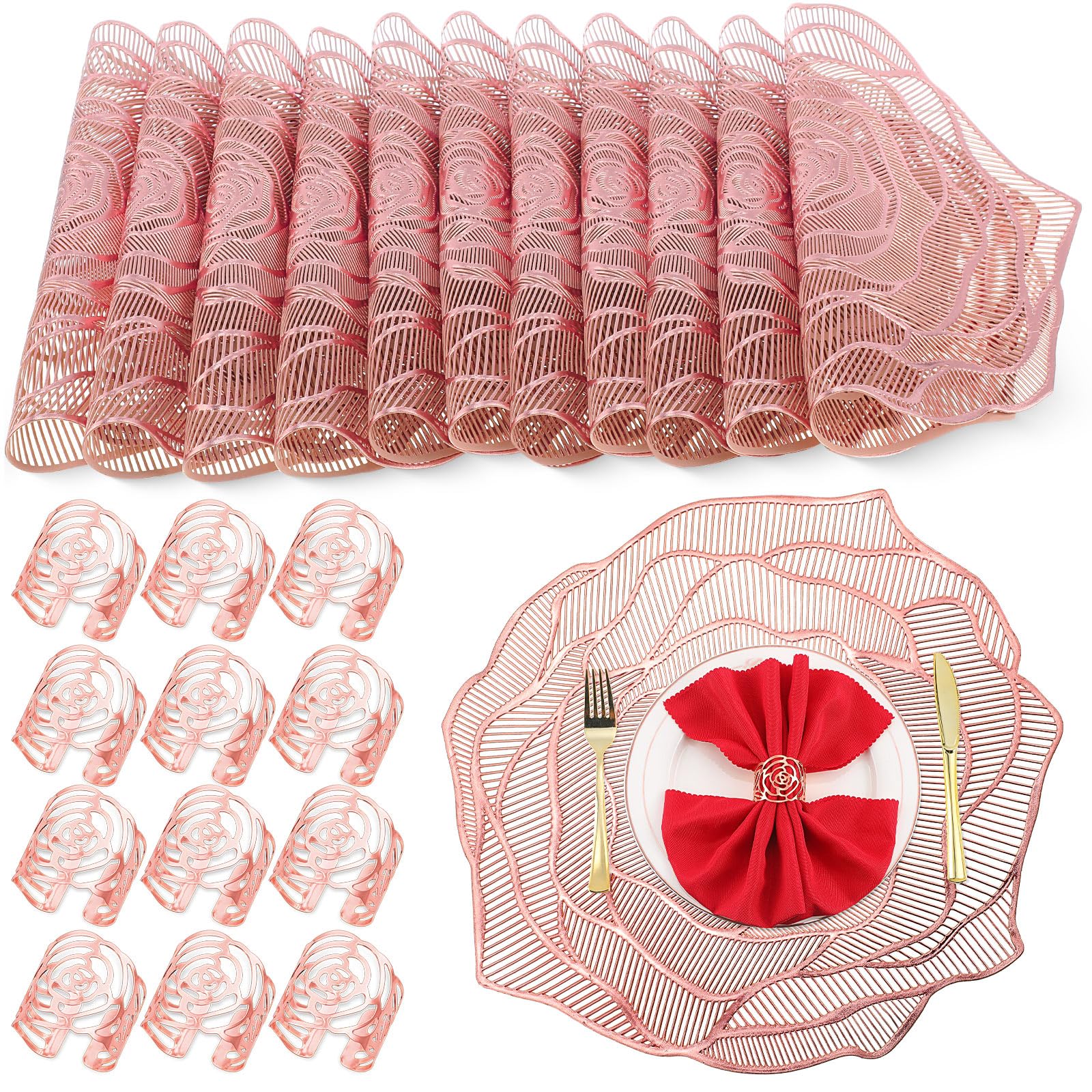 Domensi 24 Pcs Rose Placemats and Rose Flower Paper Napkin Rings Set ...