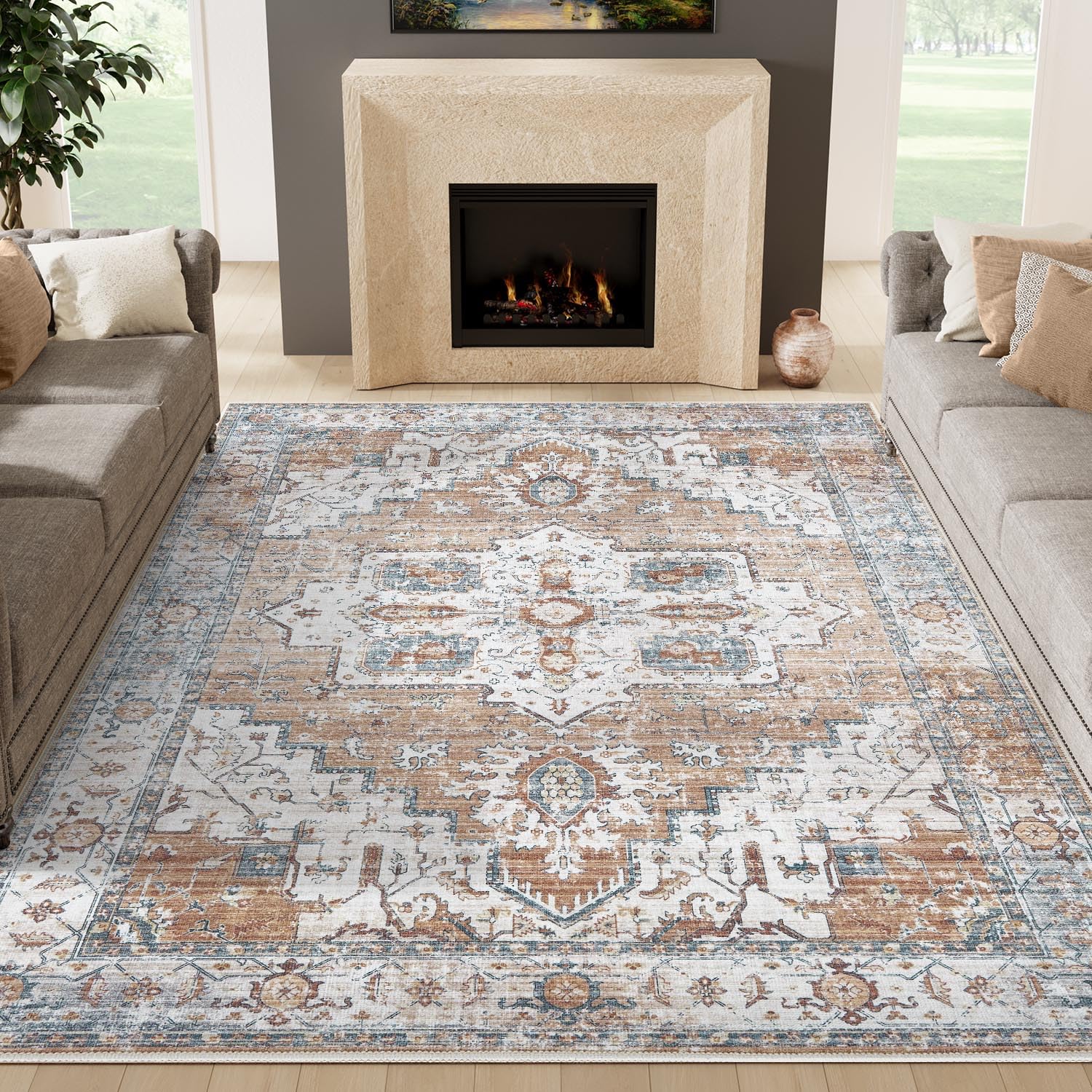 jinchan Washable Area Rug 6x9 Low Pile Rug Vintage Indoor Rug Stain ...