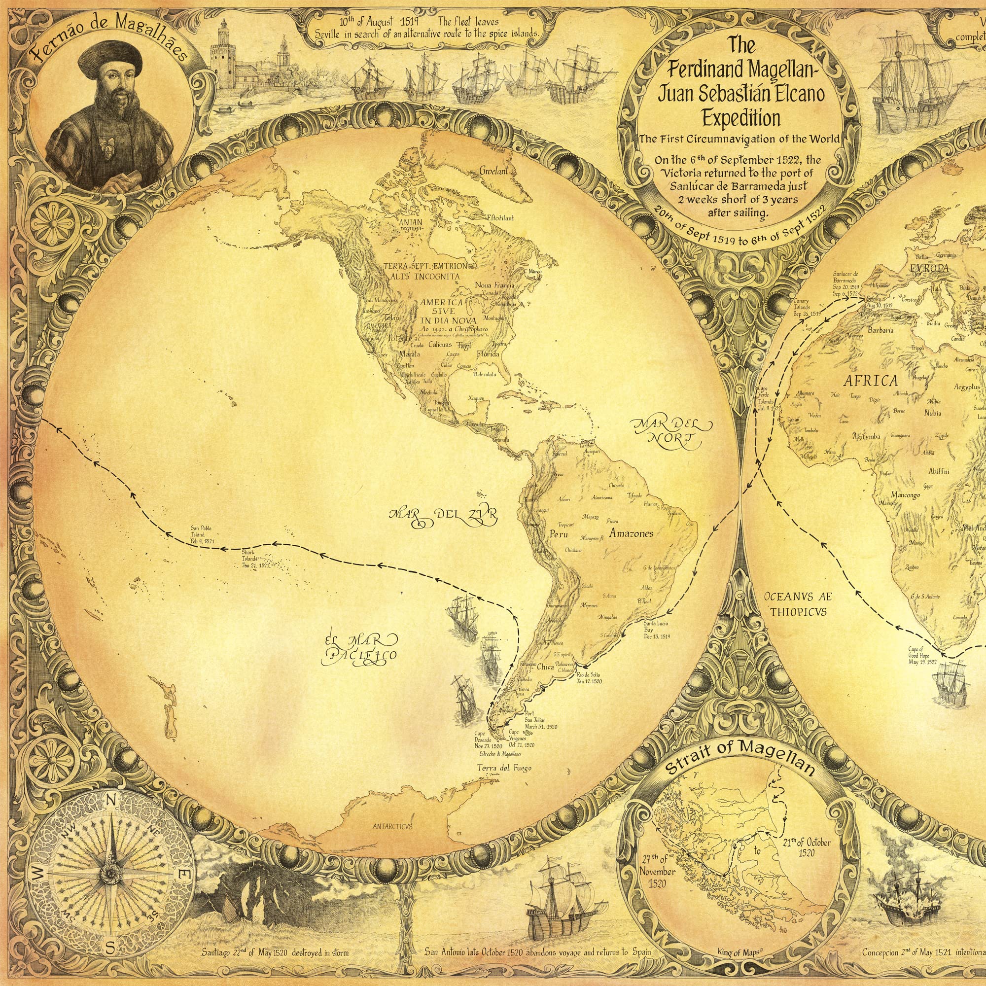 MAGELLAN VOYAGE MAP - Classic World Map Of The First Voyage Around The ...