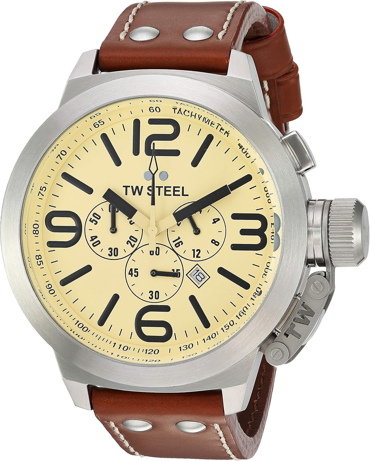 TW Steel Unisex Quartz Watch with Beige Dial Chronograph Display and Brown Leather Strap TW3 ...