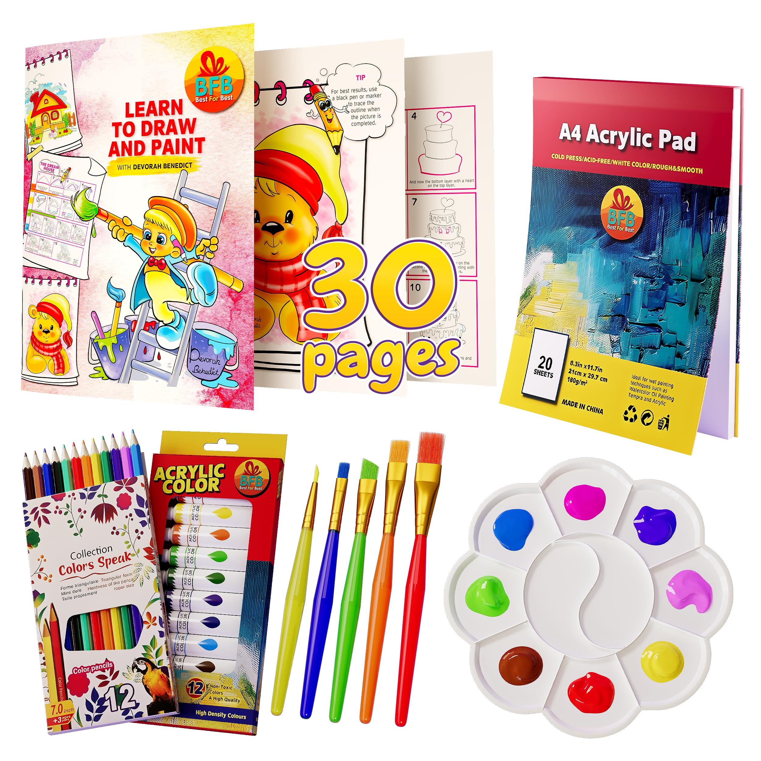BFB Paint Set for Kids with Learn How to Draw Booklet - 32PCS Painting ...