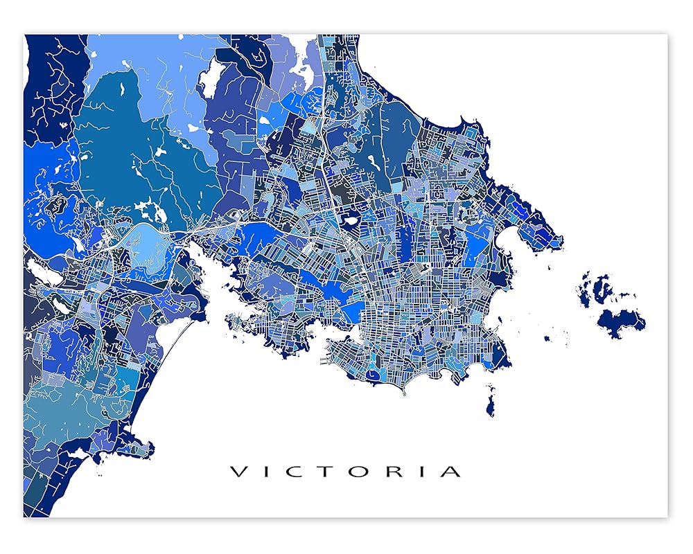 Victoria Map Print 8x10, Vancouver Island BC Canada, Blue Geometric ...