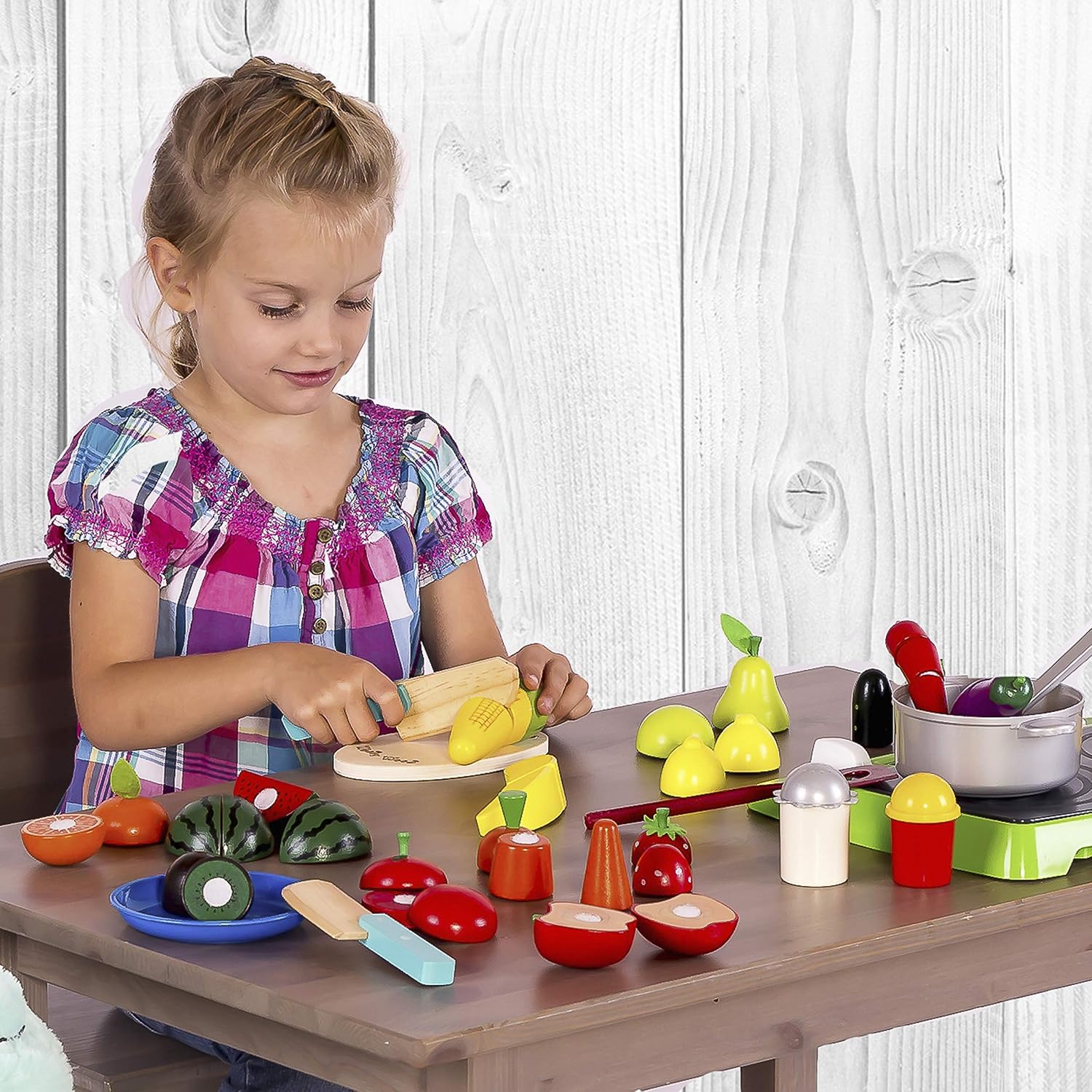 WoodyWood Wooden Play Food Fruit Vegetable 39 piece set with Velcro ...