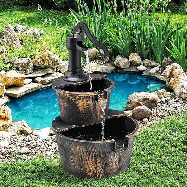 S AFSTAR Water Fountain Outdoor Waterfall Barrel, 2-Tier 27-Inch Barrel ...