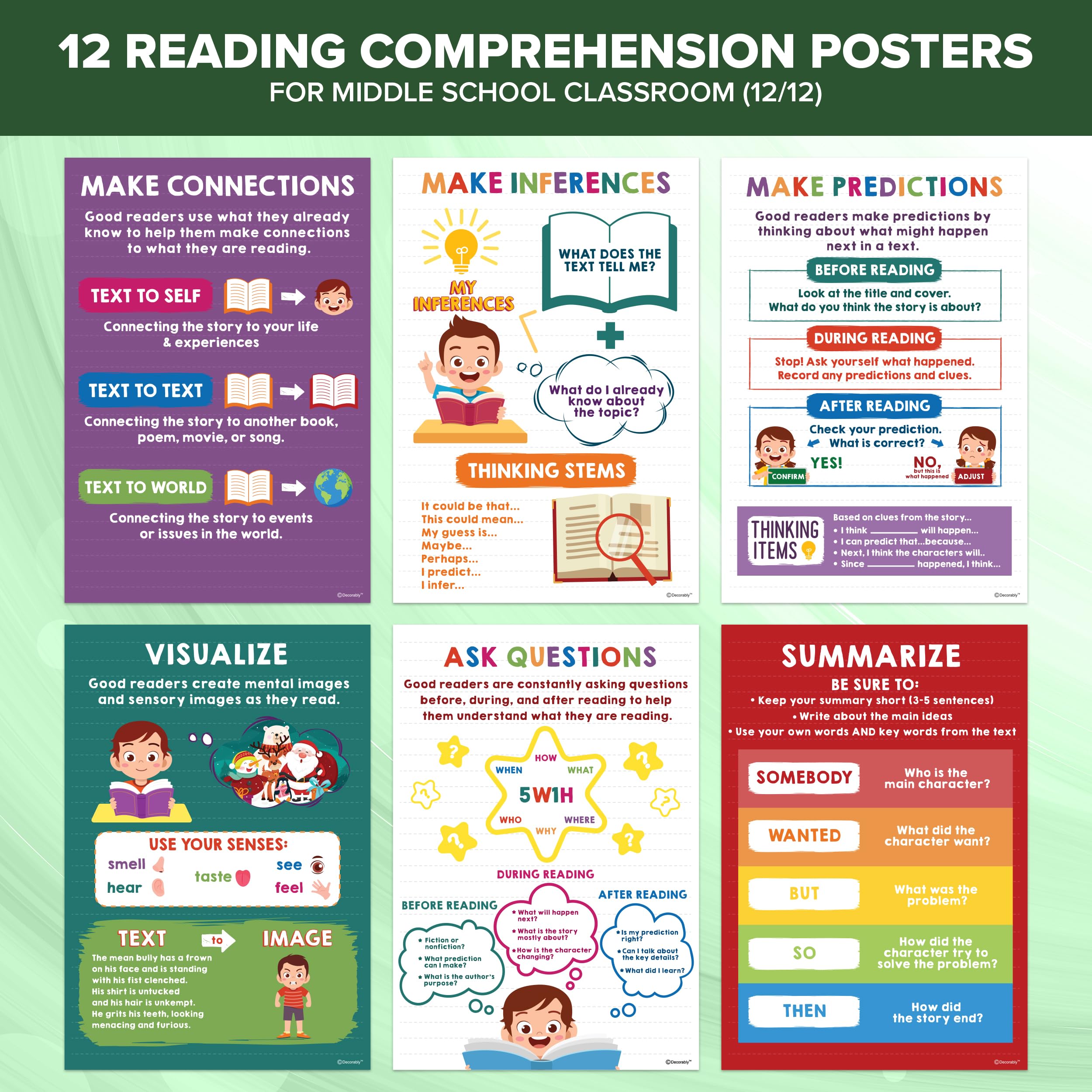 Mua Decorably 12 Reading Comprehension Posters for Classroom, 11x16in ...