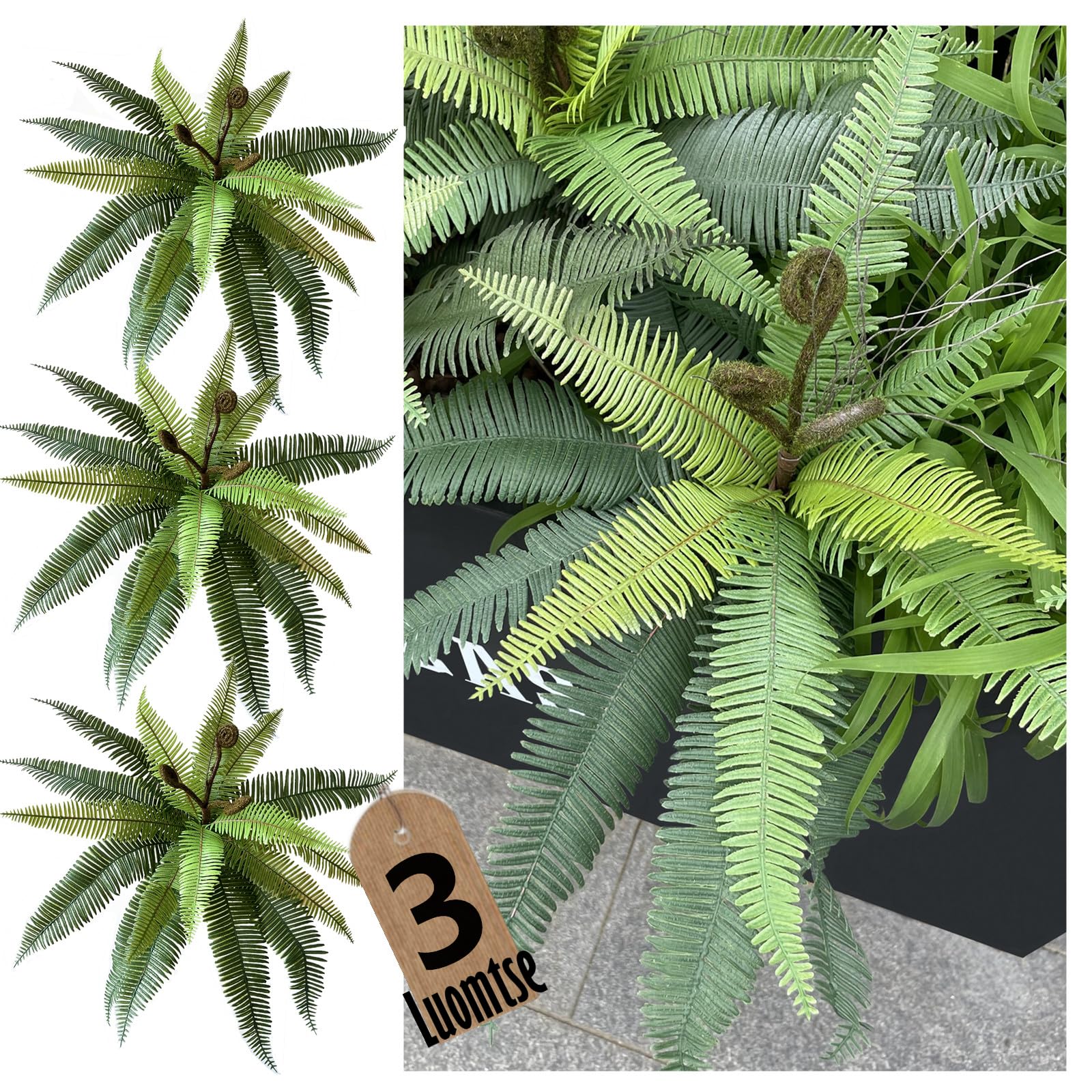 LUOMTSE 3 Bundles of Almost Natural Outdoor Artificial Ferns, Upgraded ...