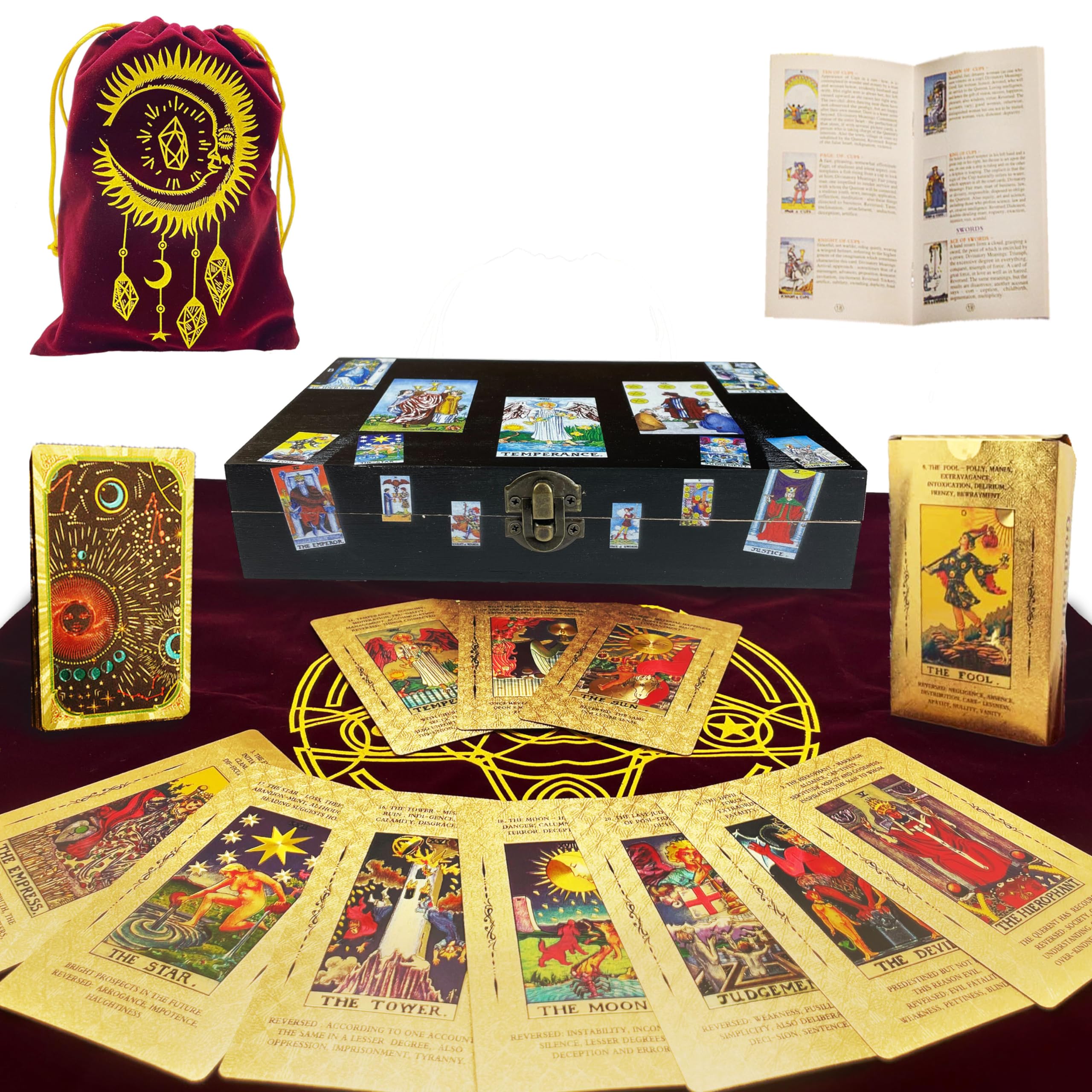 Mua Tarot Cards Set with Vintage Wooden Box, 78 Gold Foil Tarot Cards ...
