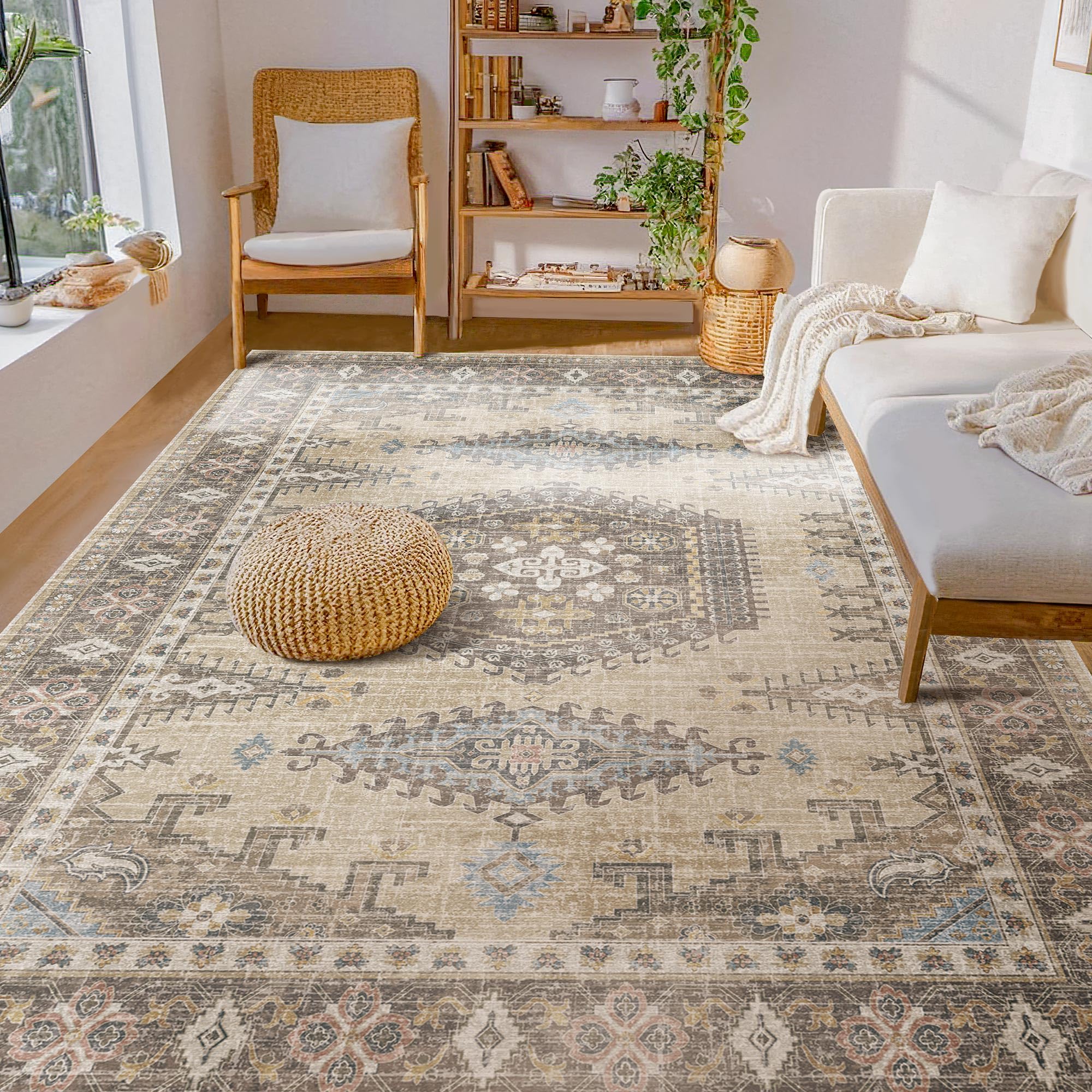 Kokia Area Rugs Living Room 8x10 Ultra-Thin No Pile Washable Brown ...