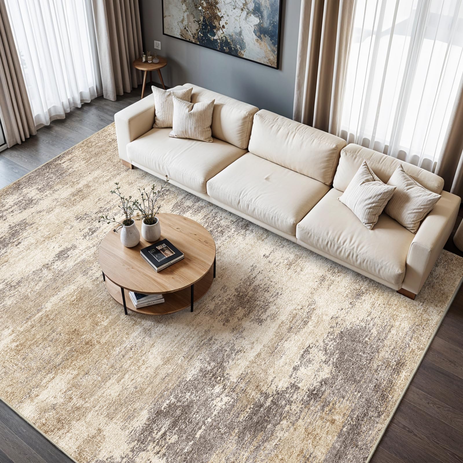 Washable Abstract 10x14 Area Rug: Low Pile and Non-Slip Rubber Backing ...