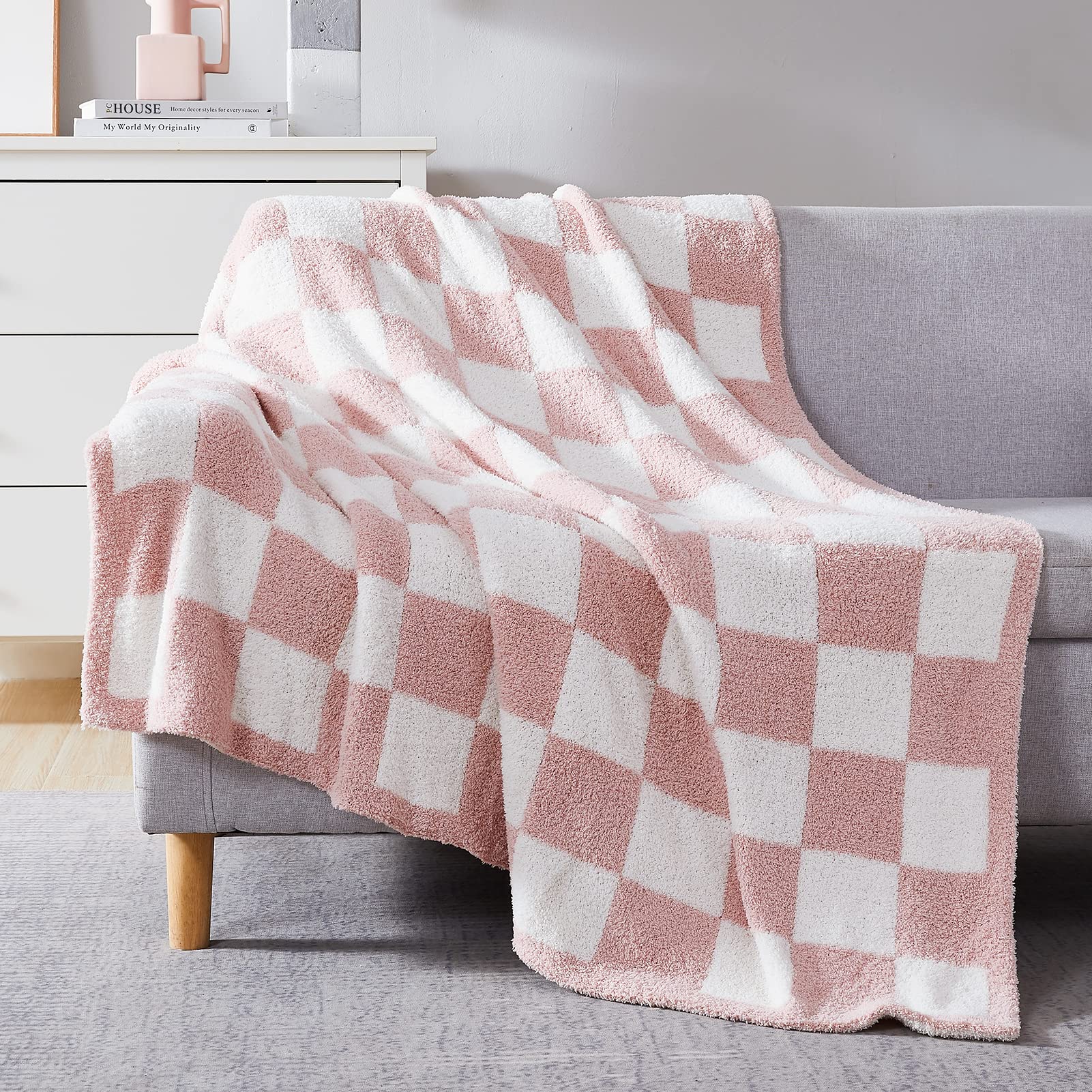 WRENSONGE Checkered Throw Blanket, Pink Soft Cozy Fluffy Warm Hand Made ...