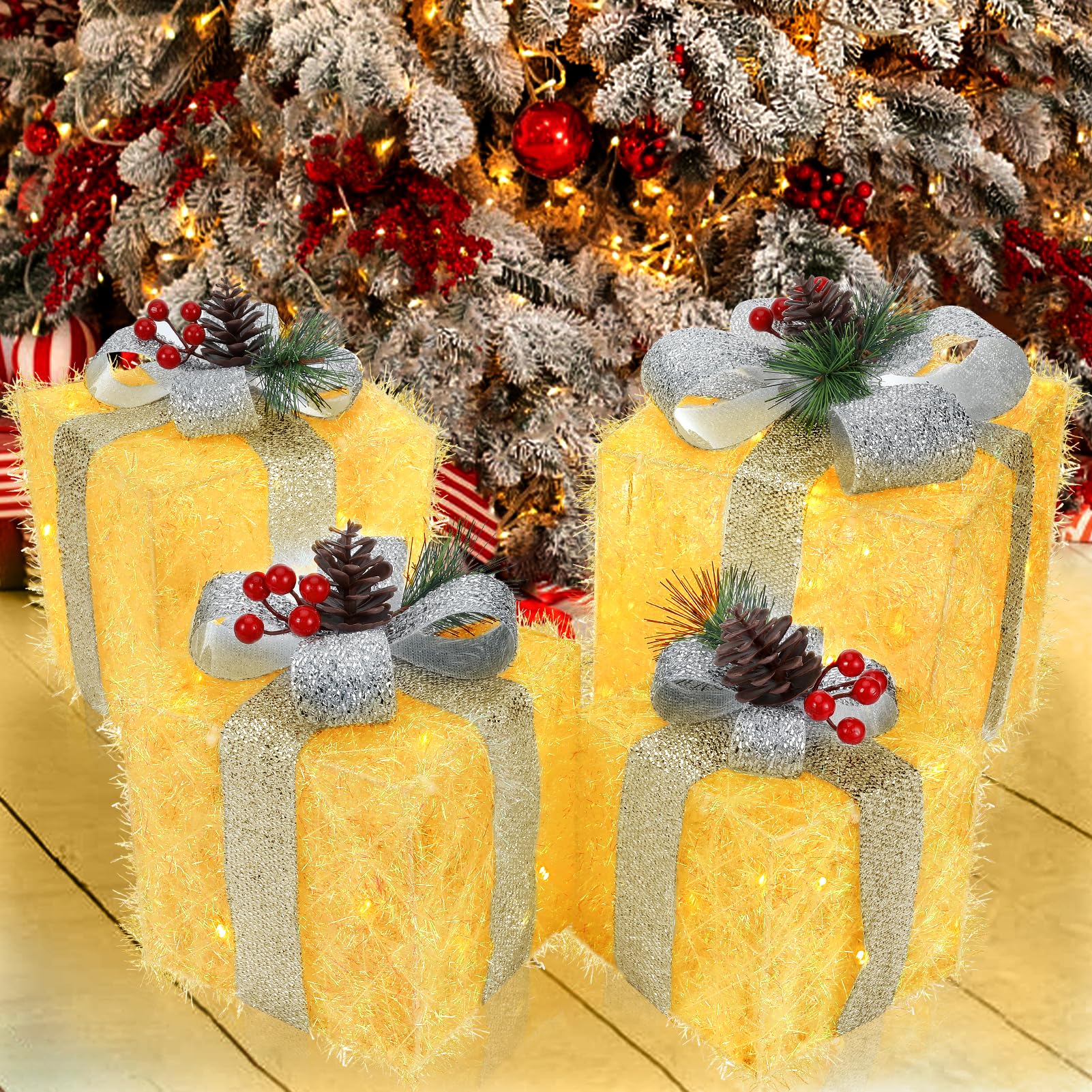 KaKaPops Christmas Lighted Gift Boxes, Set of 4 Light Up Present Boxes ...